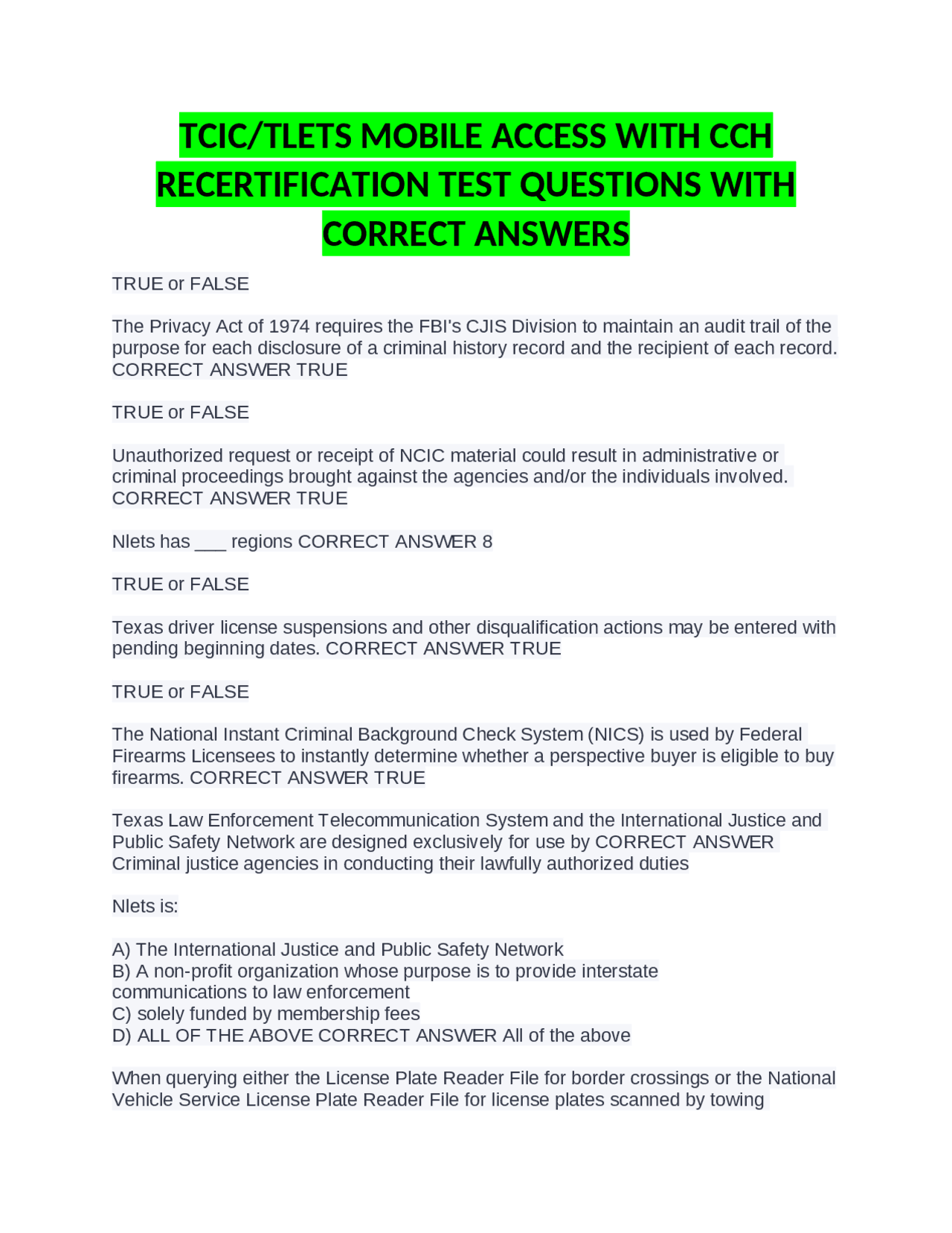 TCIC/TLETS MOBILE ACCESS WITH CCH RECERTIFICATION TEST QUESTIONS WITH ...
