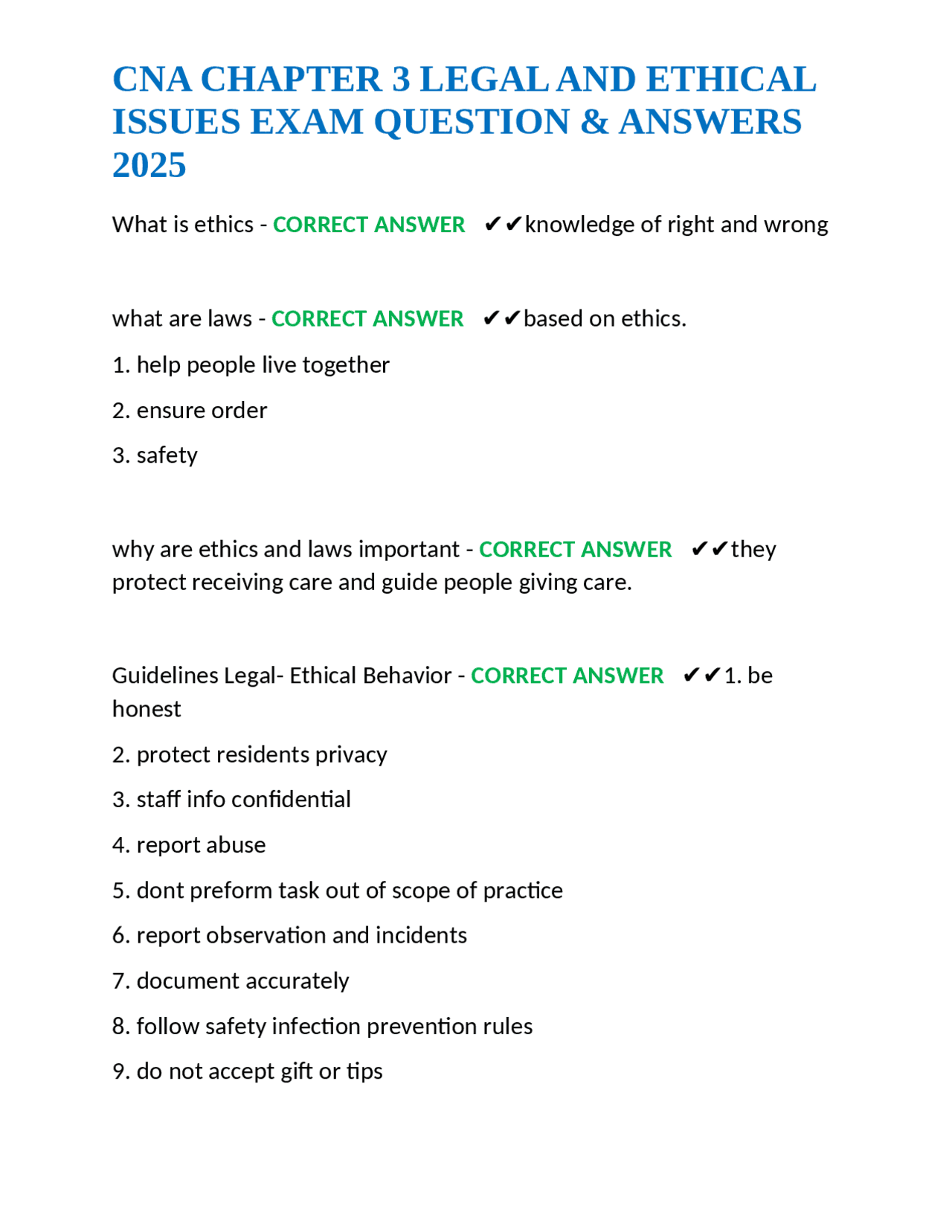 CNA Chapter 3: Legal and Ethical Issues Exam Questions and Answers ...