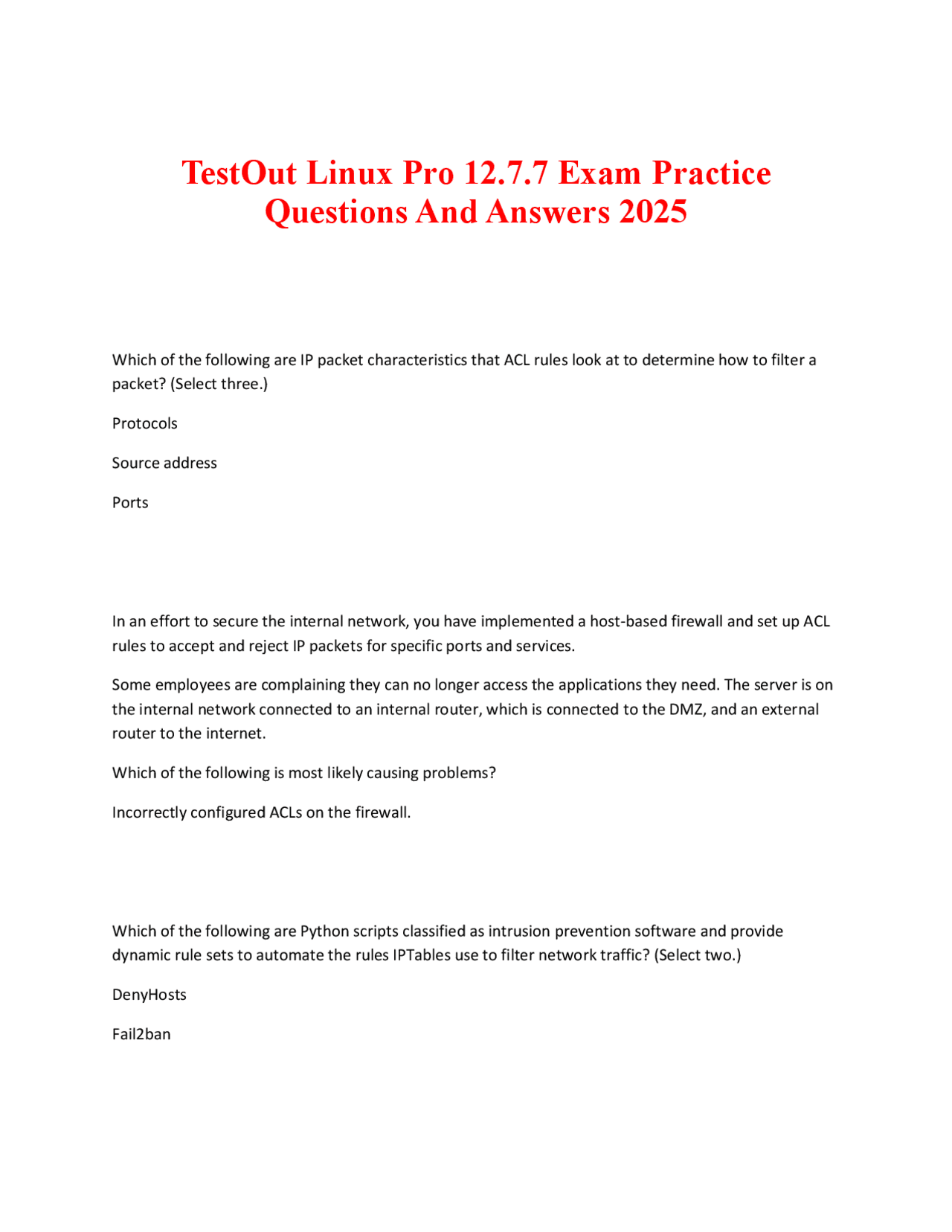 TestOut Linux Pro 12.7.7 Exam Practice Questions And Answers 2025 ...