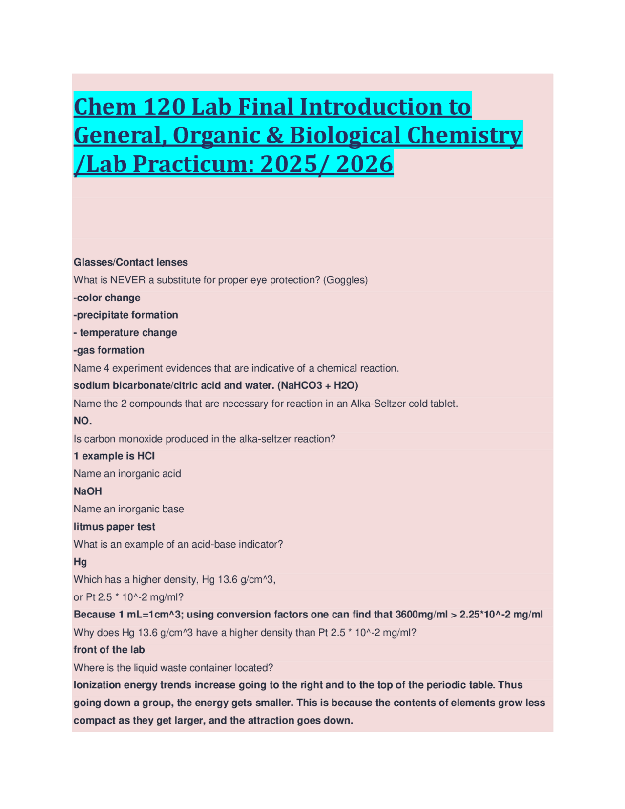 Chem 120 Lab Final Introduction to General, Organic & Biological Chemistry /Lab Practicum ...