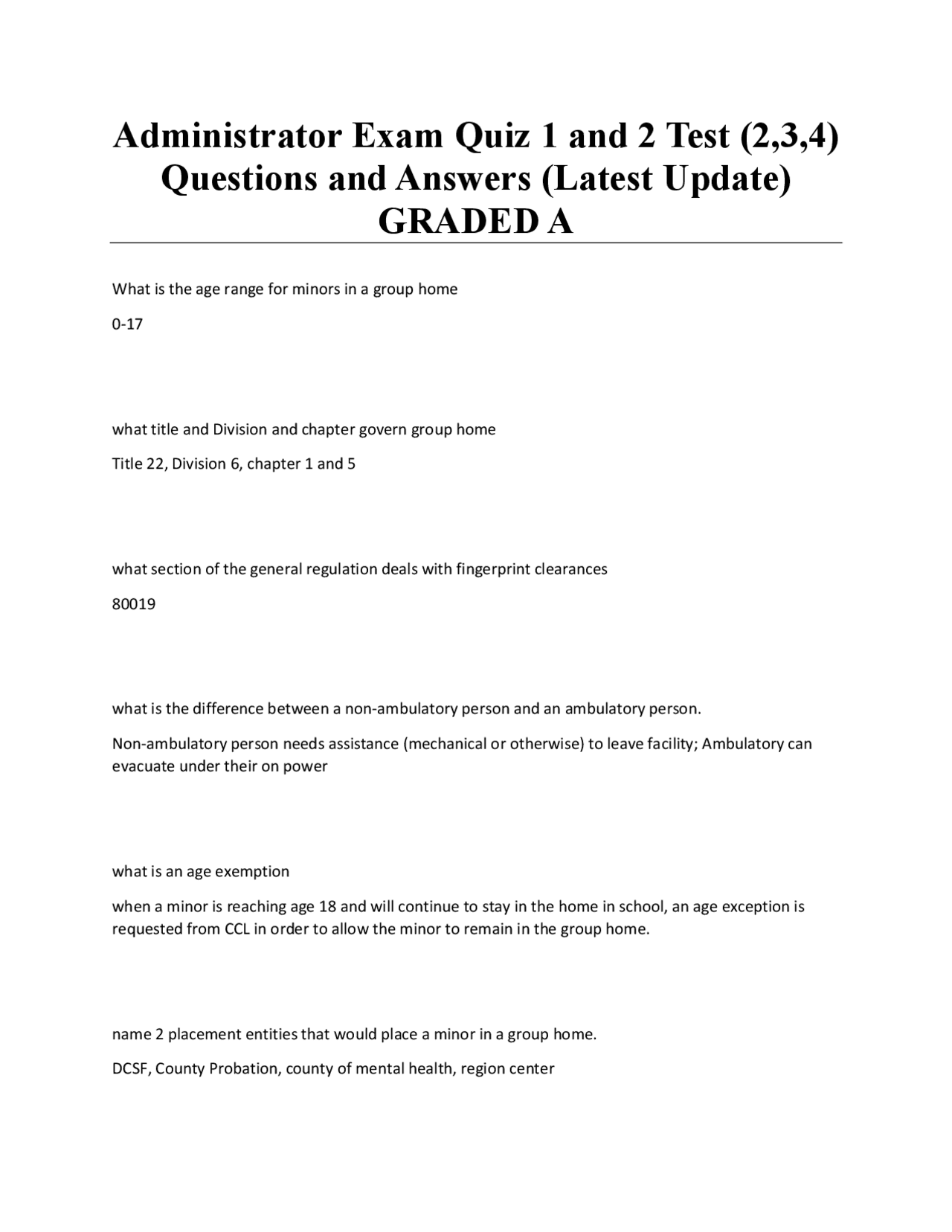Group Home Administrator Exam Quiz 1 and 2: Questions and Answers ...