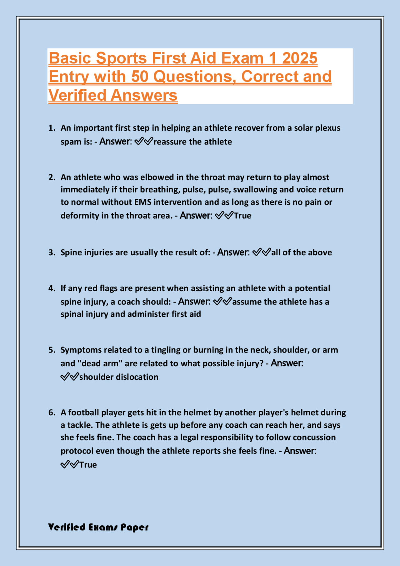 Basic Sports First Aid Exam: 50 Questions and Answers | Exams Sports ...