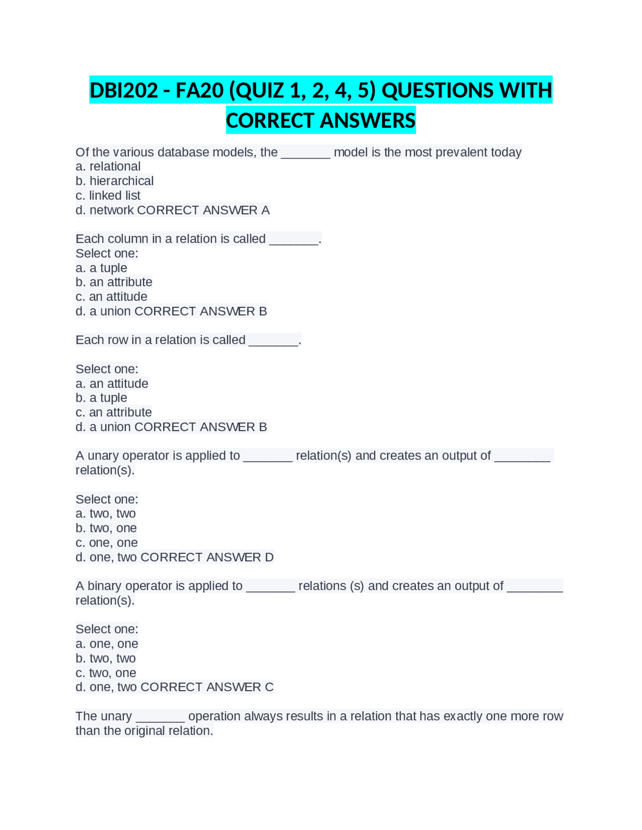 DBI202 - FA20 (QUIZ 1, 2, 4, 5) QUESTIONS WITH CORRECT ANSWERS | Exams ...