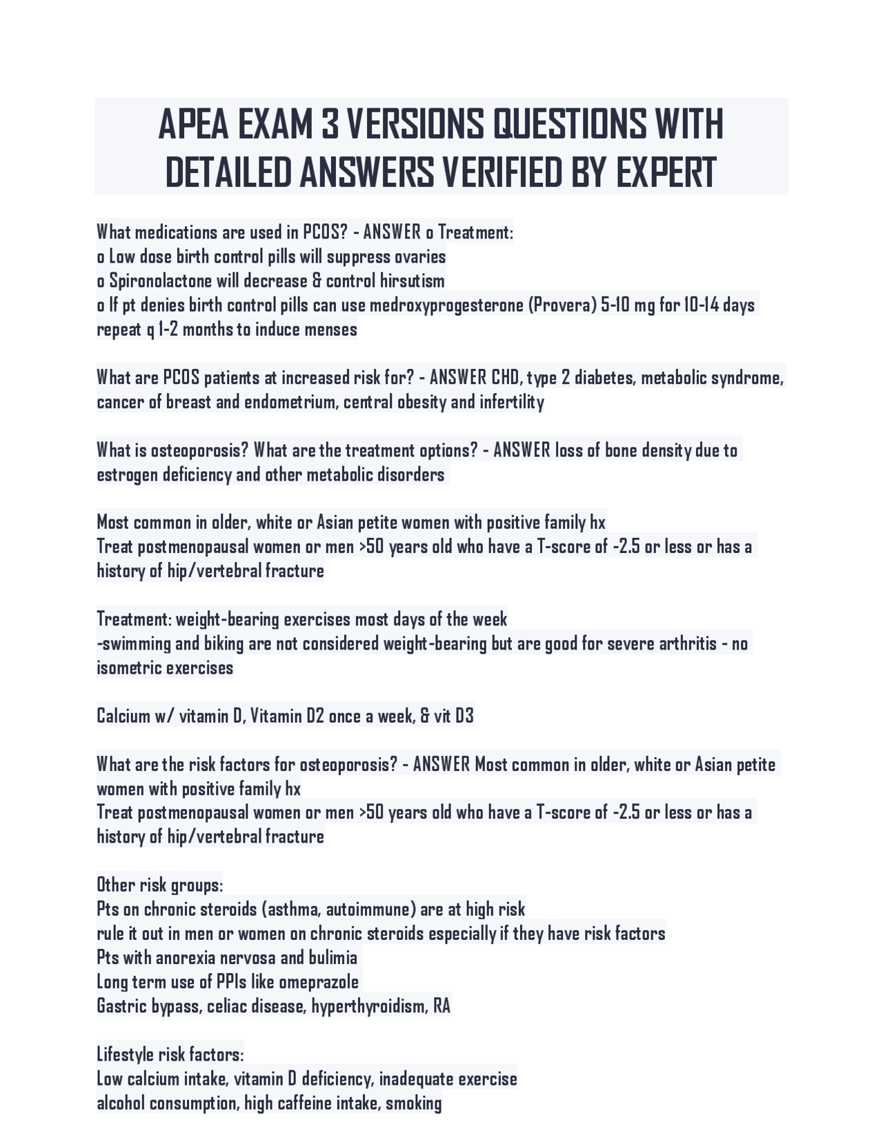 APEA EXAM 3 VERSIONS QUESTIONS WITH DETAILED ANSWERS VERIFIED BY EXPERT ...