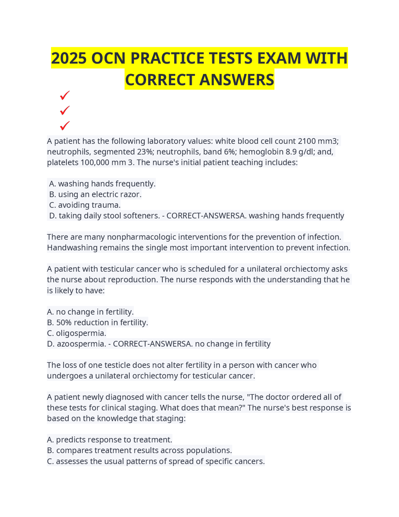 OCN Practice Tests Exam with Correct Answers: Oncology Nursing ...