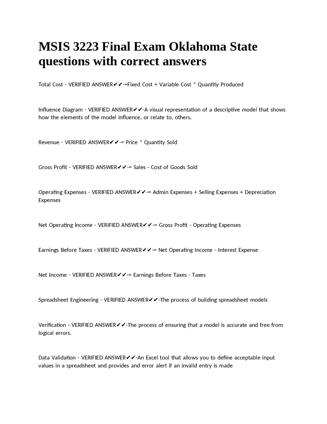 MSIS 3223 Final Exam Oklahoma State questions with correct answers ...