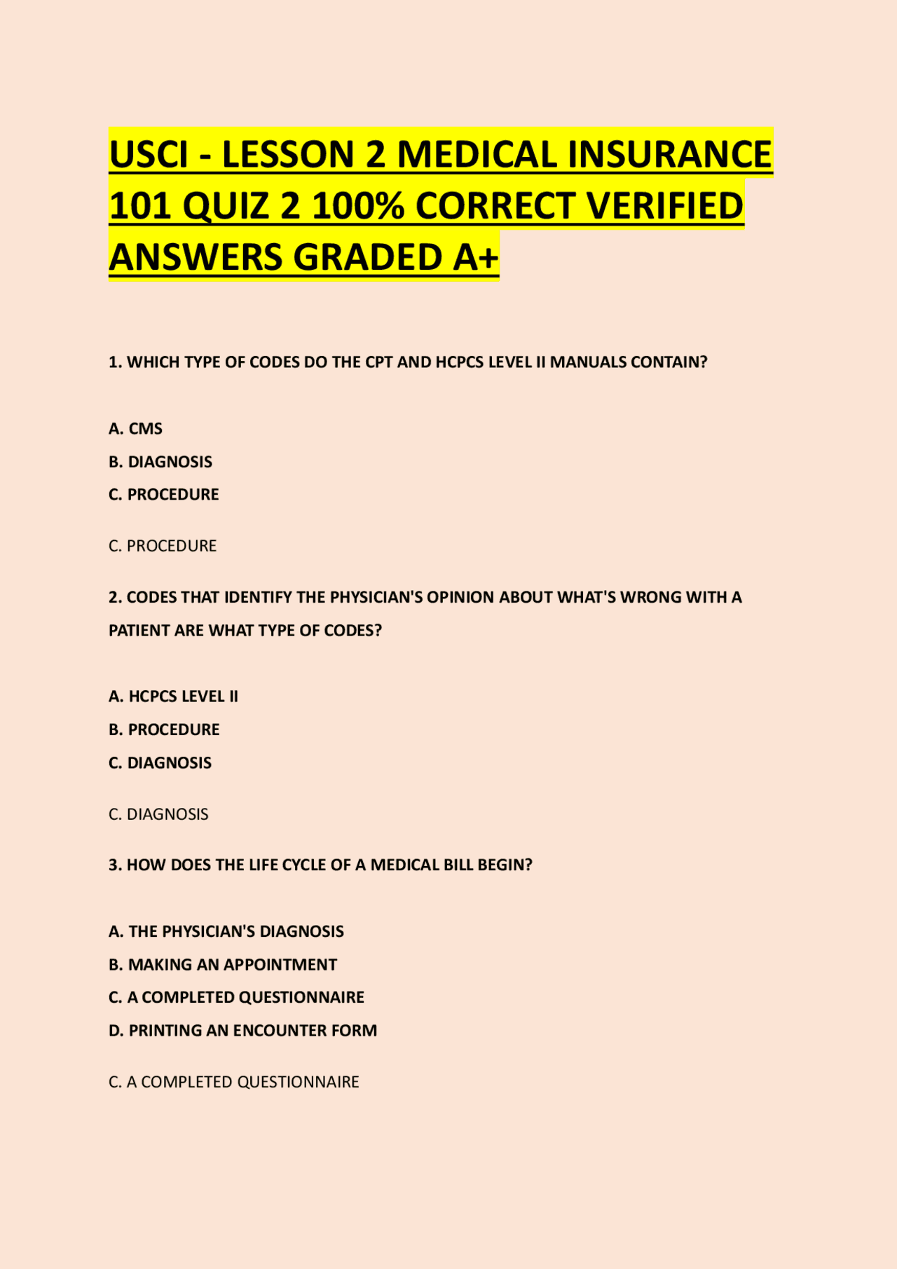 USCI - LESSON 2 MEDICAL INSURANCE 101 QUIZ 2 100% CORRECT VERIFIED ...