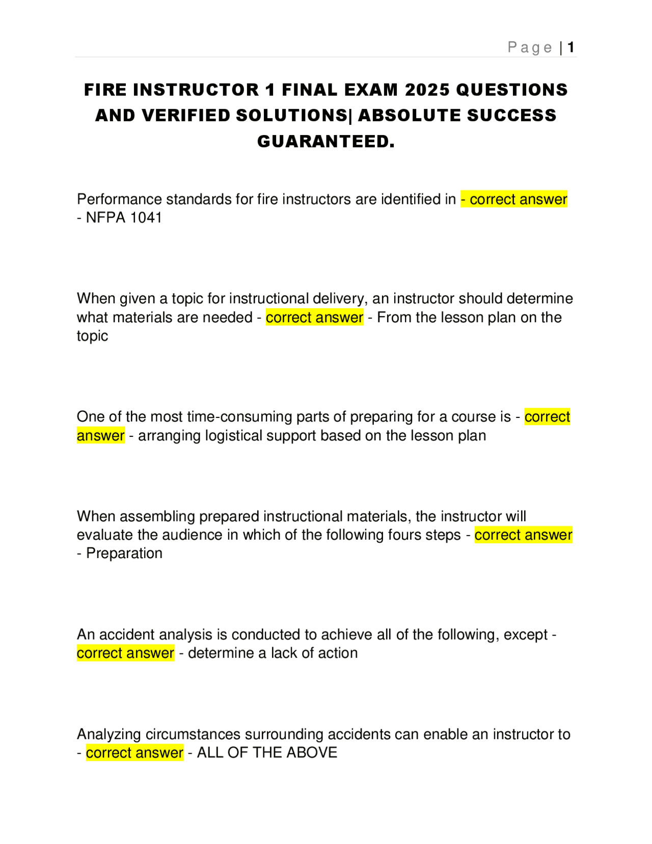FIRE INSTRUCTOR 1 FINAL EXAM 2025 QUESTIONS AND VERIFIED SOLUTIONS| ABSOLUTE SUCCESS. | Exams ...