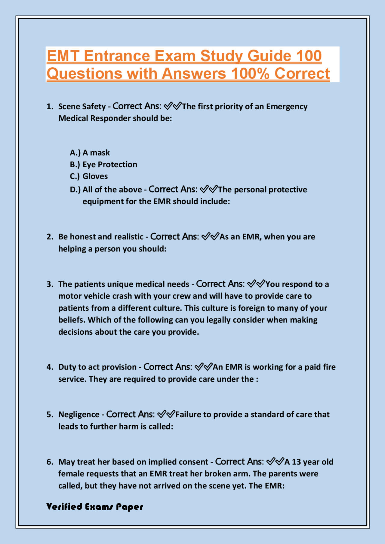 EMT Entrance Exam Study Guide 100 Questions with Answers 100% Correct ...