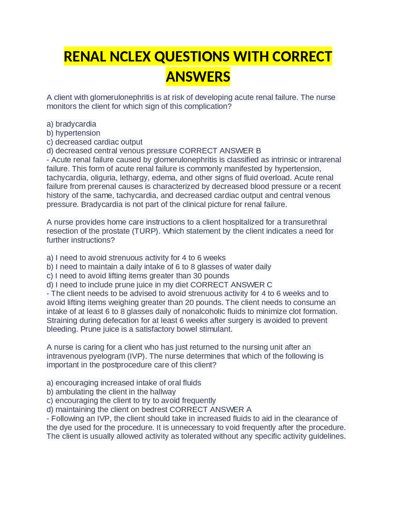 Renal NCLEX Questions with Correct Answers: A Study Guide for Nursing ...