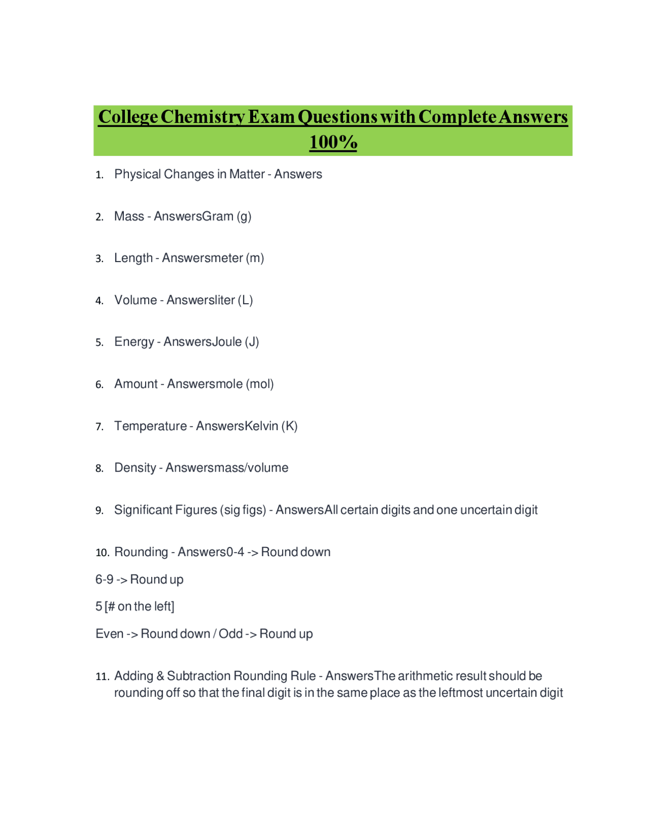 College Chemistry Exam Questions with Complete Answers 100% | Exams ...