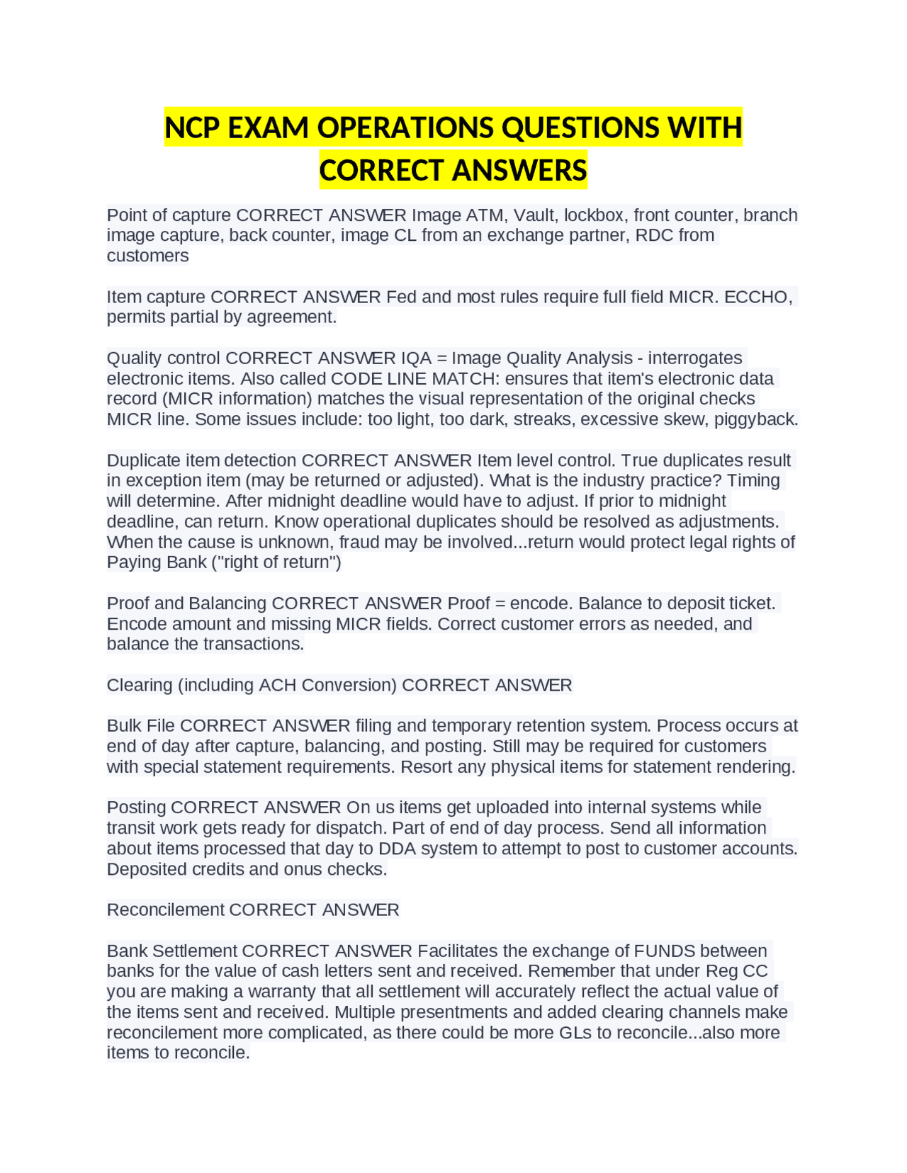 NCP Exam Operations Questions and Answers | Exams Nursing | Docsity