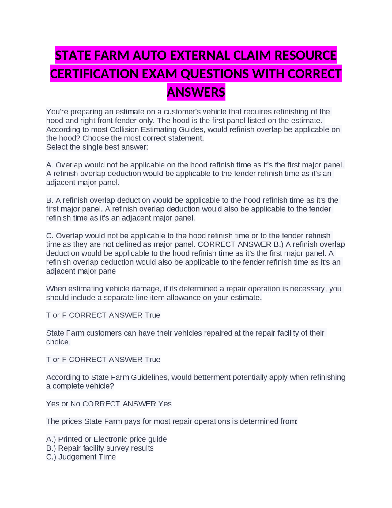 State Farm Auto External Claim Resource Certification Exam Questions ...
