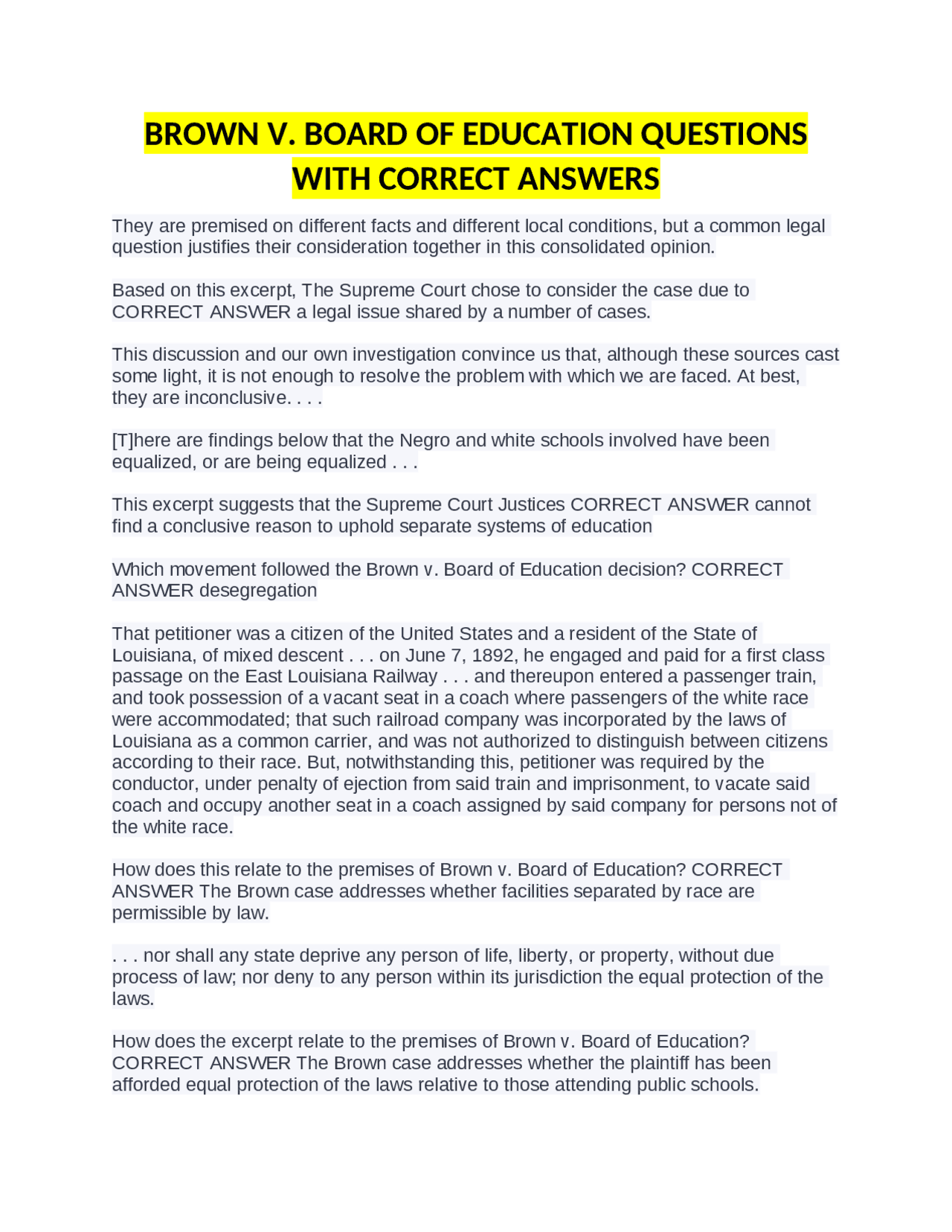 BROWN V. BOARD OF EDUCATION QUESTIONS WITH CORRECT ANSWERS | Exams ...