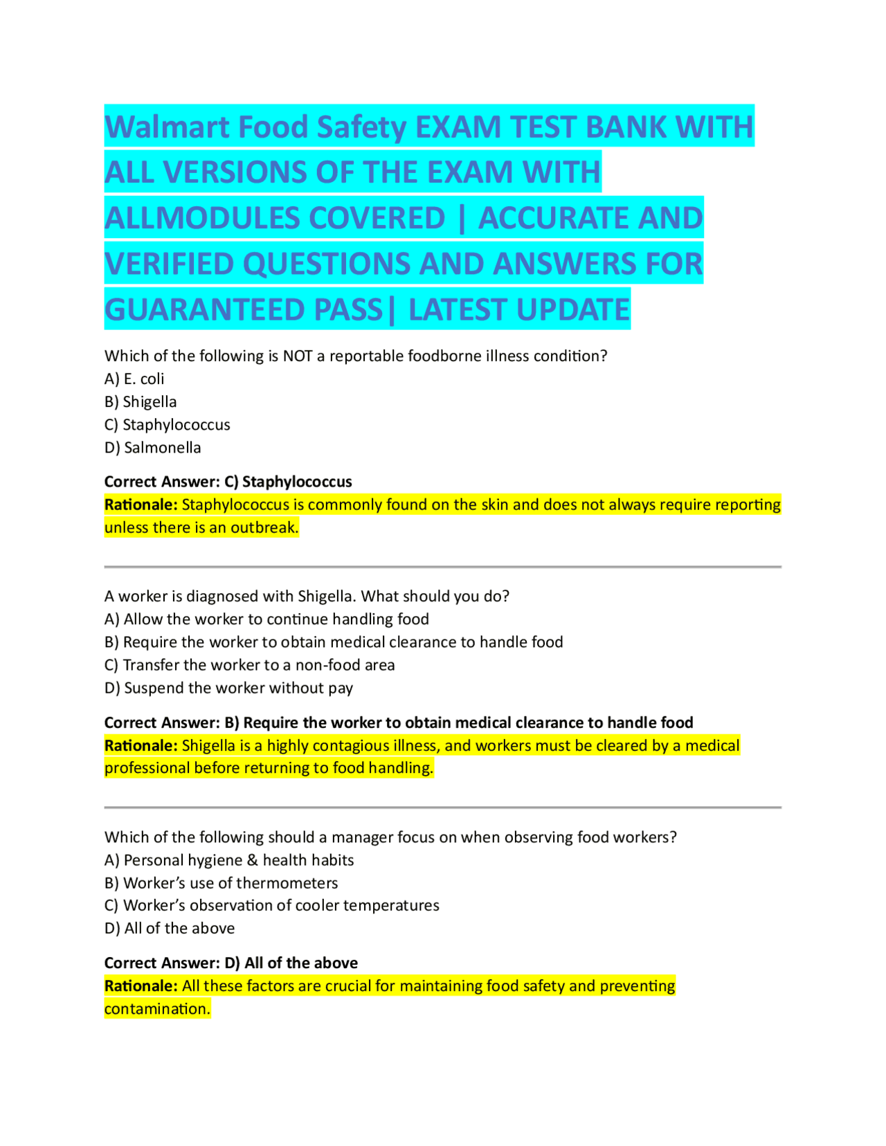 Food Safety Exam Test Bank: Walmart Food Safety Exam Questions and ...