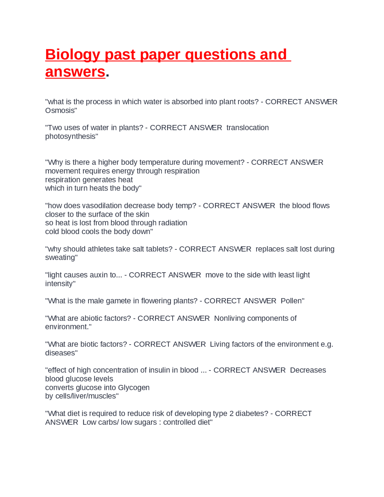 Biology Past Paper Questions and Answers | Exams Biology | Docsity