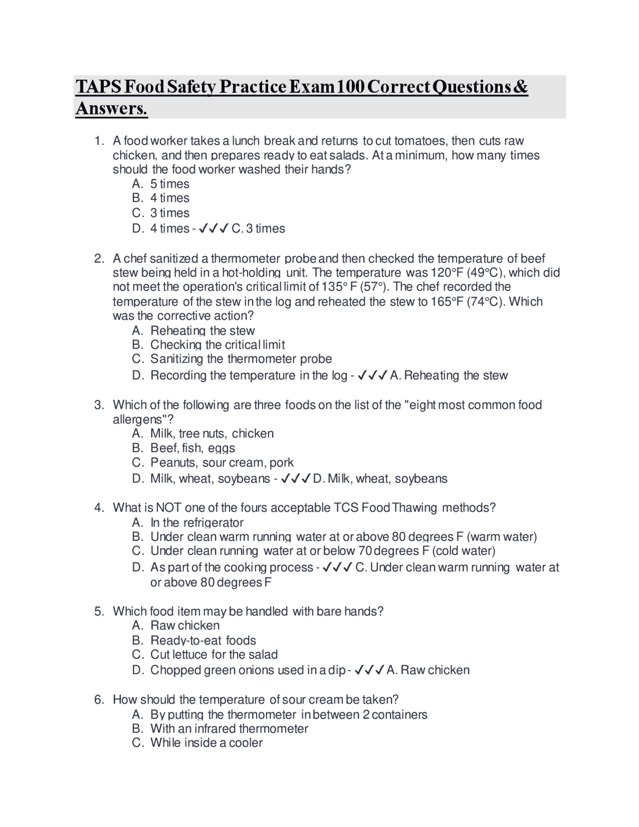 TAPS Food Safety Practice Exam 100 Correct Questions & Answers. | Exams ...