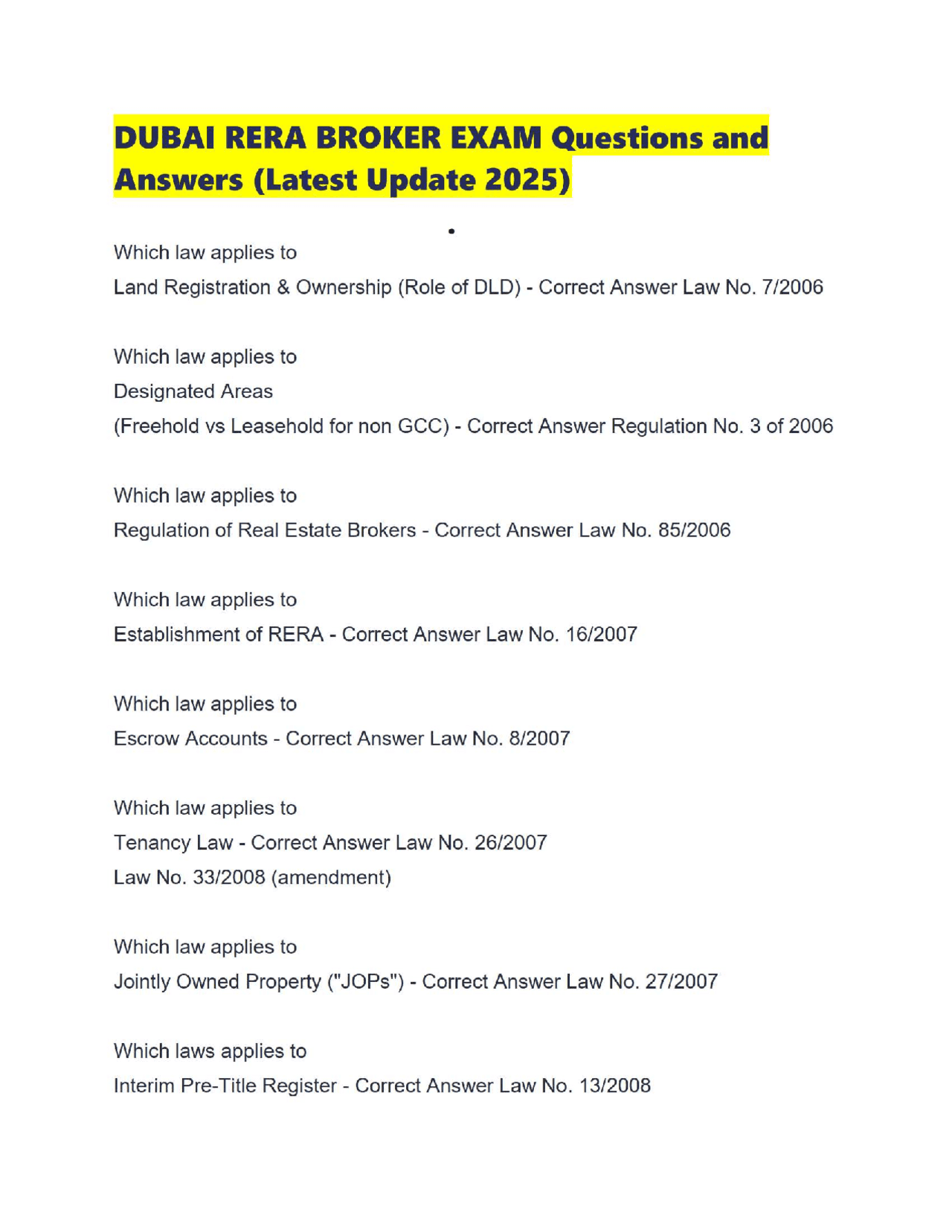 DUBAI RERA BROKER EXAM Questions and Answers (Latest Update 2025 ...