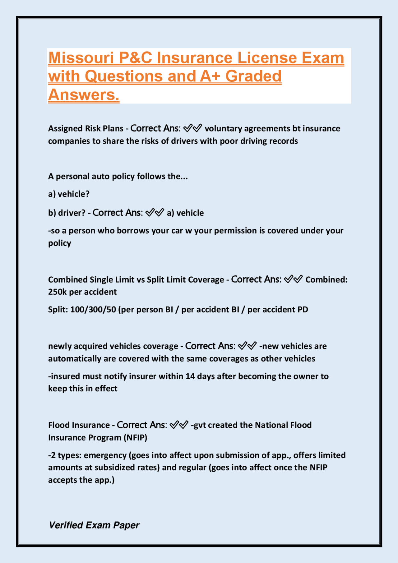 Missouri P&C Insurance License Exam: Questions and Answers | Exams ...