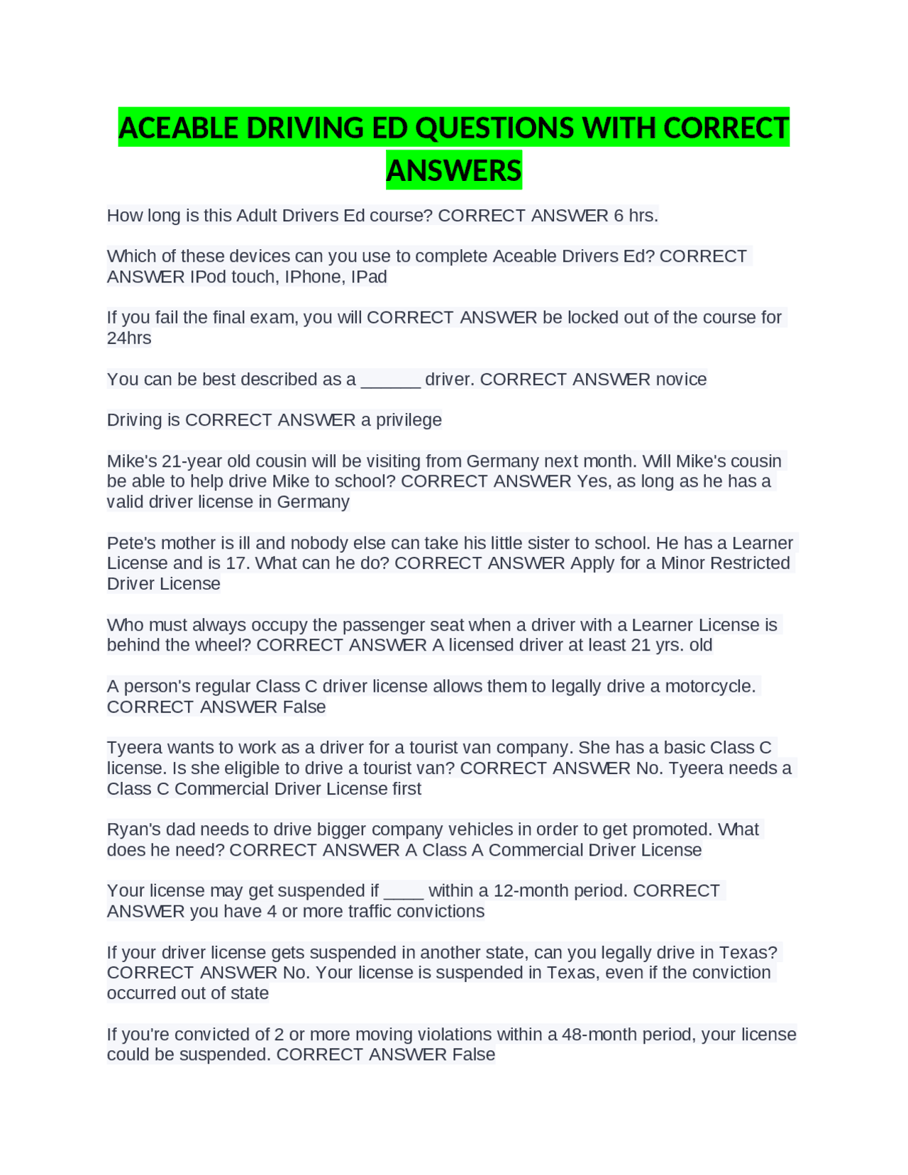 ACEABLE DRIVING ED QUESTIONS WITH CORRECT ANSWERS | Exams Advanced ...