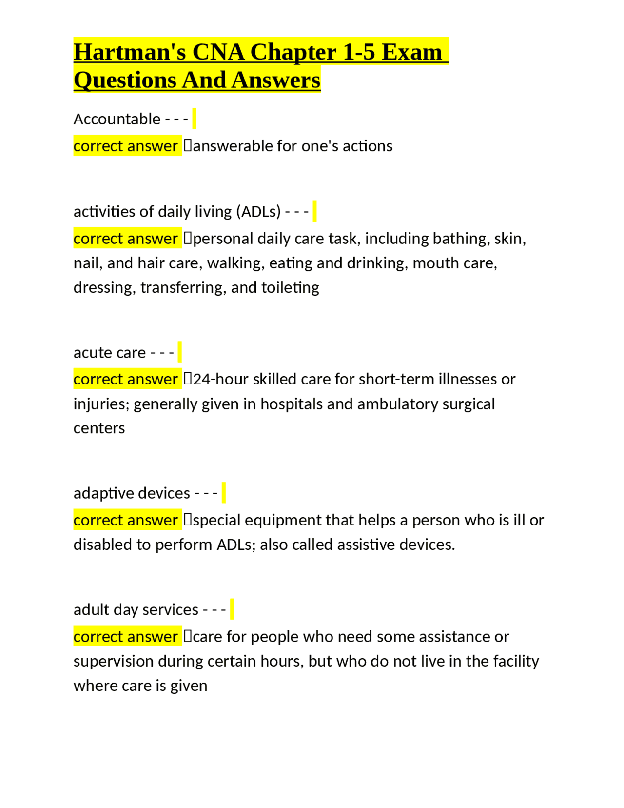 Hartman's CNA Chapter 1-5 Exam Questions And Answers | Exams Nursing | Docsity