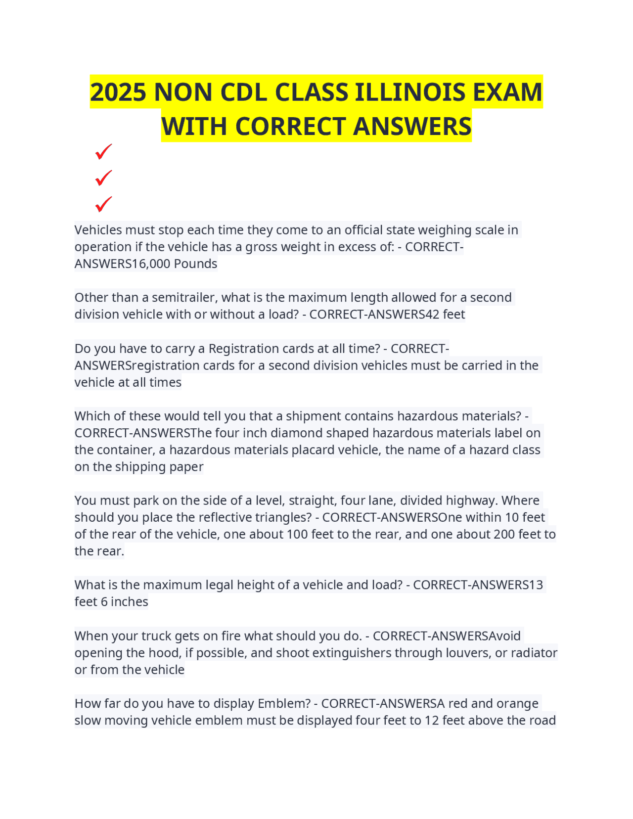 2025 NON CDL CLASS ILLINOIS EXAM WITH CORRECT ANSWERS | Exams Advanced ...