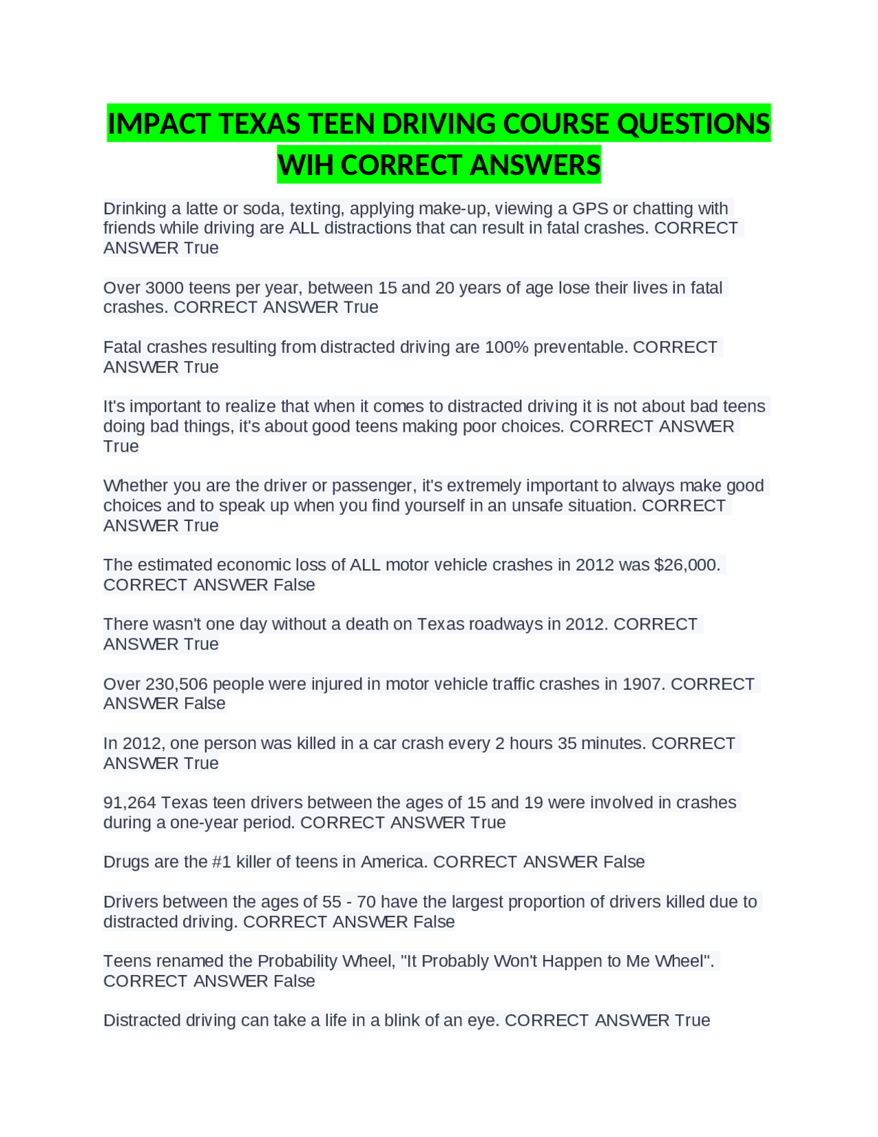 Impact Texas Teen Driving Course Questions and Answers | Exams Advanced ...