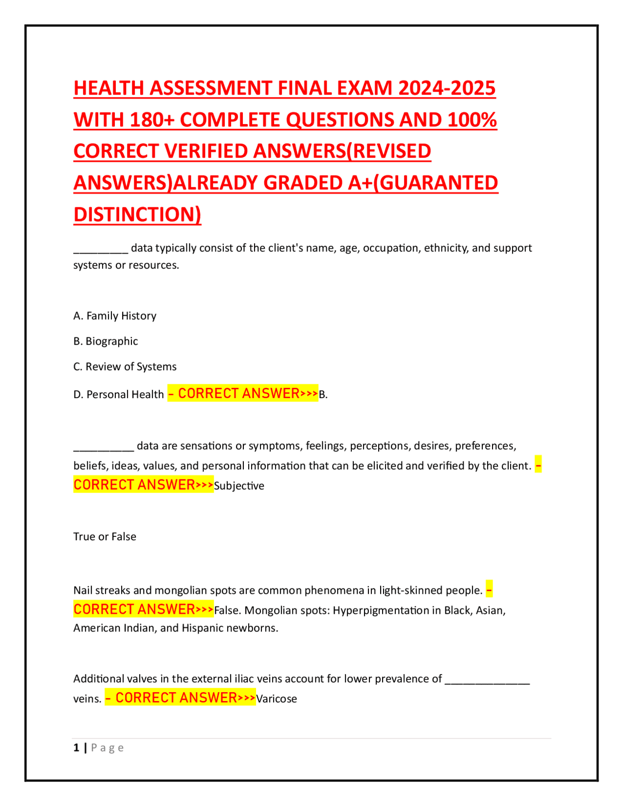 HEALTH ASSESSMENT FINAL EXAM 2024-2025 WITH 180+ COMPLETE QUESTIONS AND ...