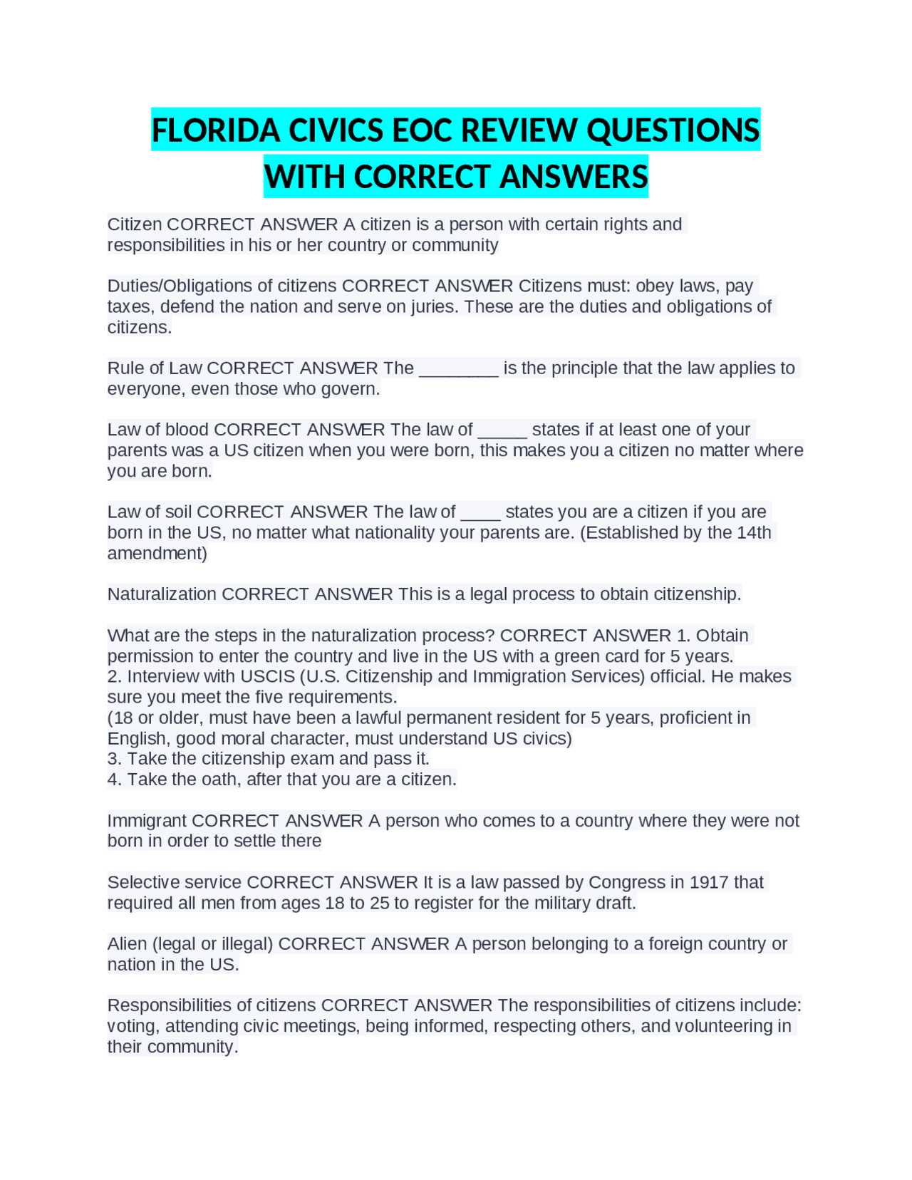 Florida Civics EOC Review Questions with Correct Answers | Exams ...