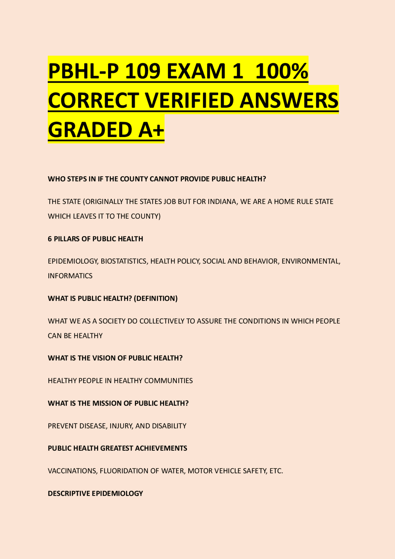 PBHL-P 109 EXAM 1 100% CORRECT VERIFIED ANSWERS GRADED A+ | Exams ...