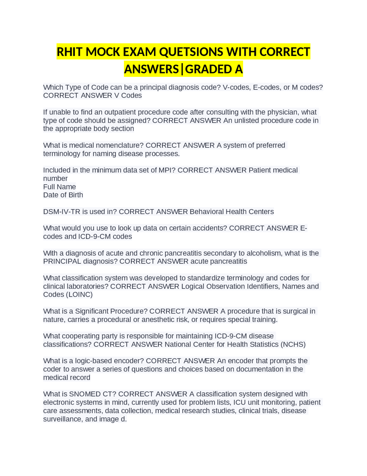 RHIT Mock Exam Questions and Answers: A Comprehensive Guide to Medical ...