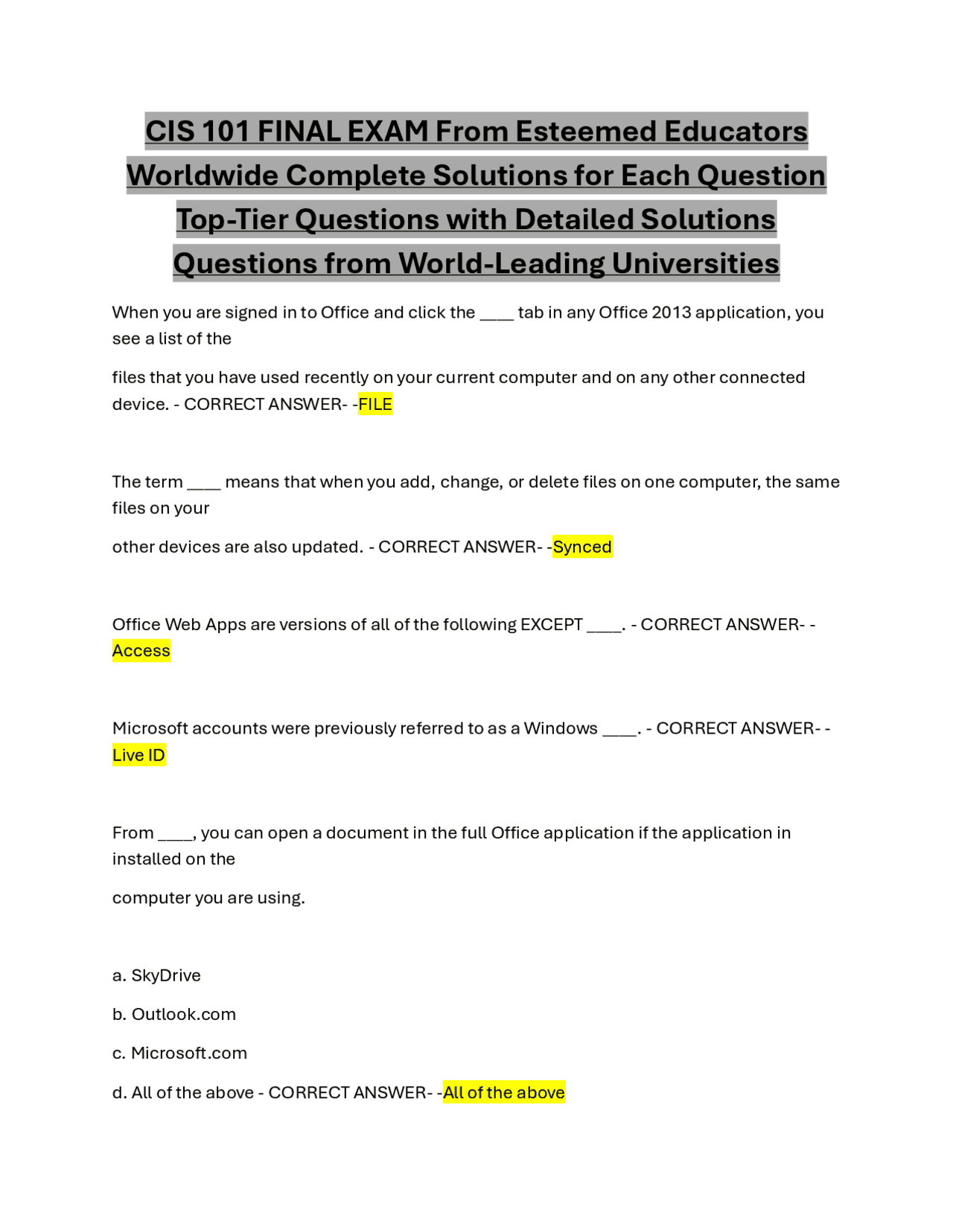 CIS 101 Final Exam: Comprehensive Review of Key Concepts and Applications | Exams Business ...