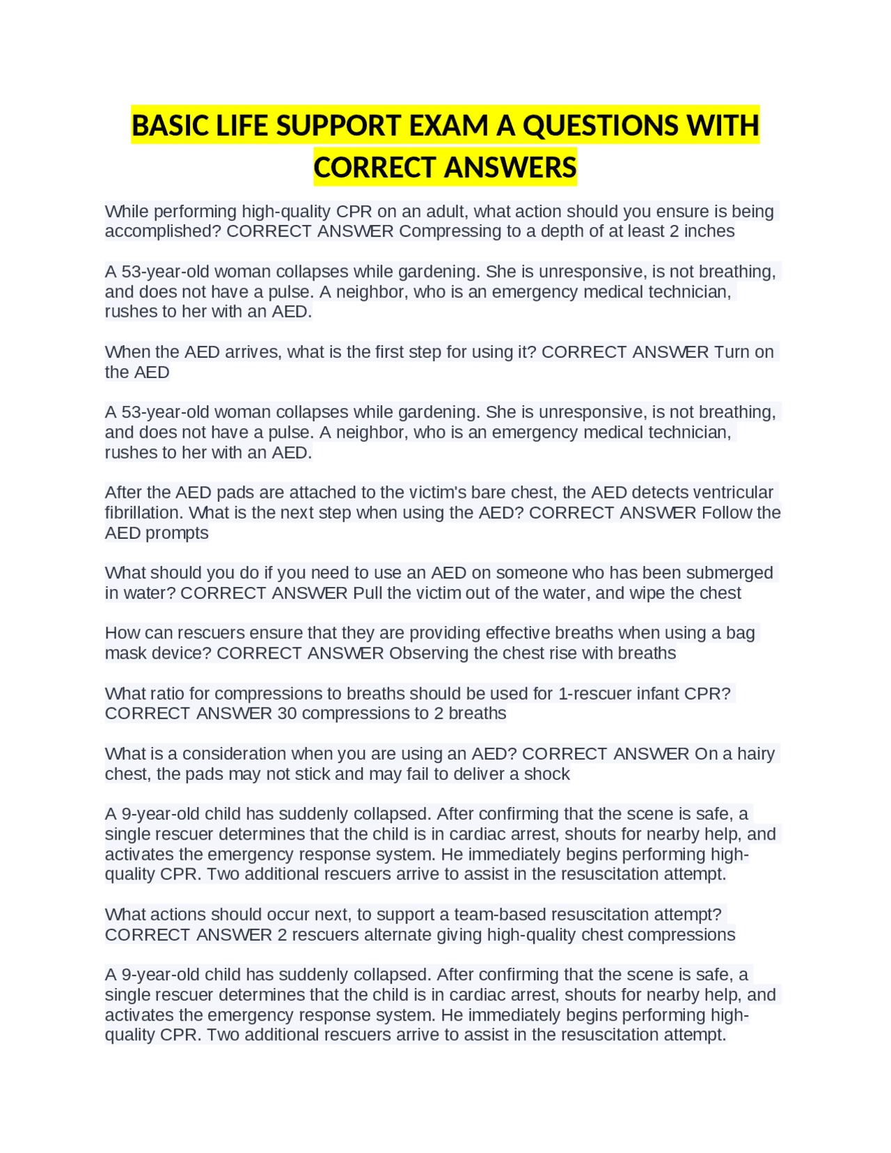BASIC LIFE SUPPORT EXAM A QUESTIONS WITH CORRECT ANSWERS | Exams ...