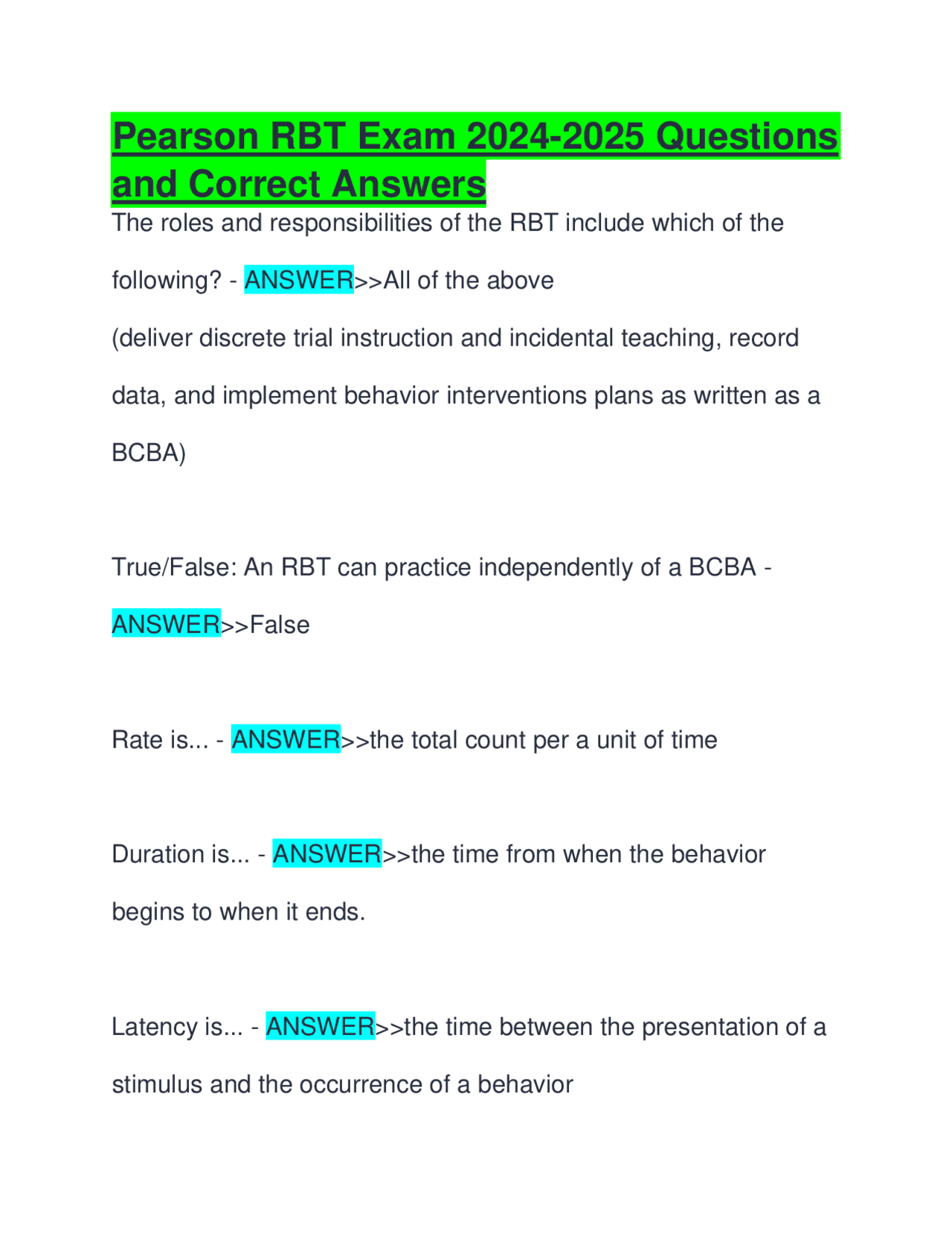 Pearson RBT Exam 2024-2025: Questions and Answers | Exams Nursing | Docsity