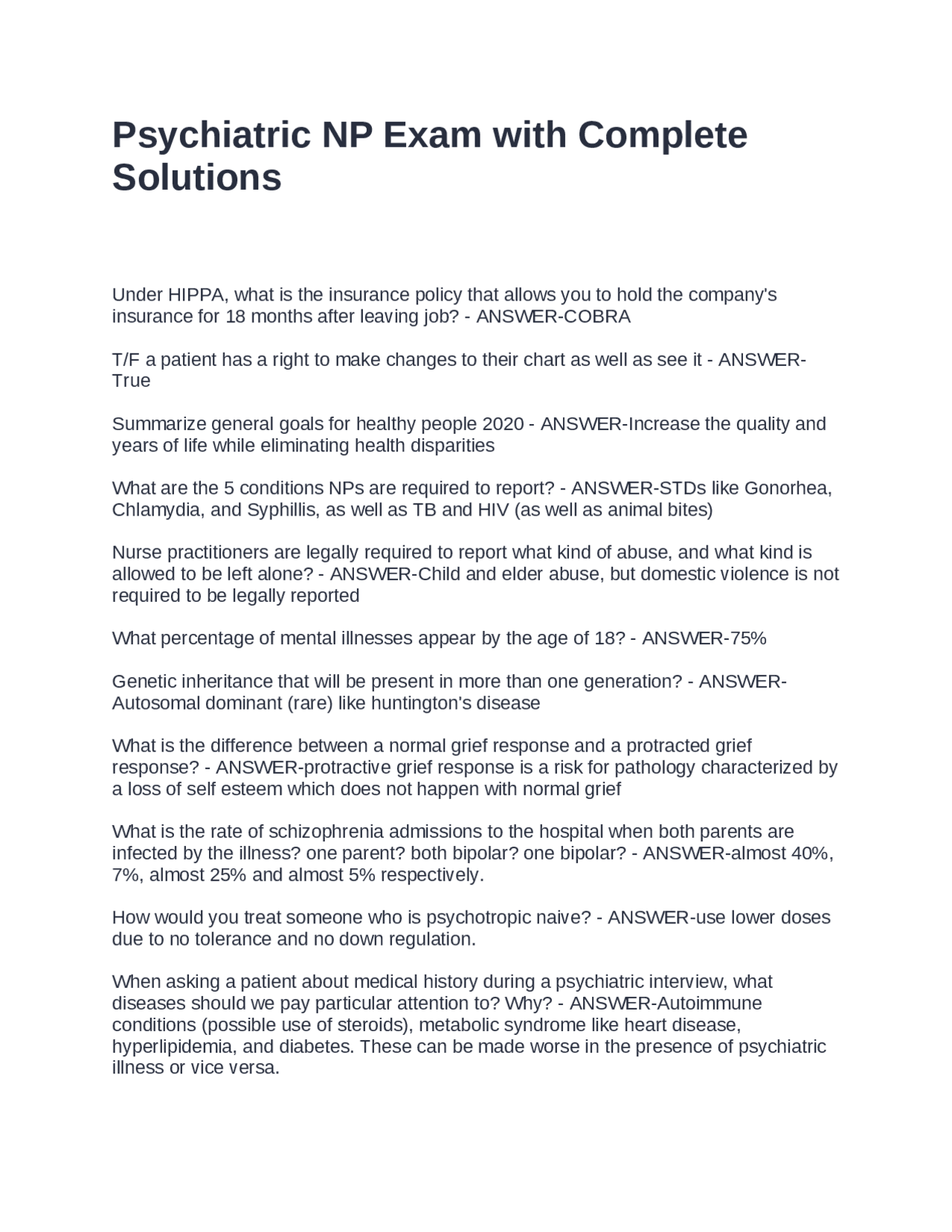 Psychiatric NP Exam with Complete Solutions | Exams Nursing | Docsity