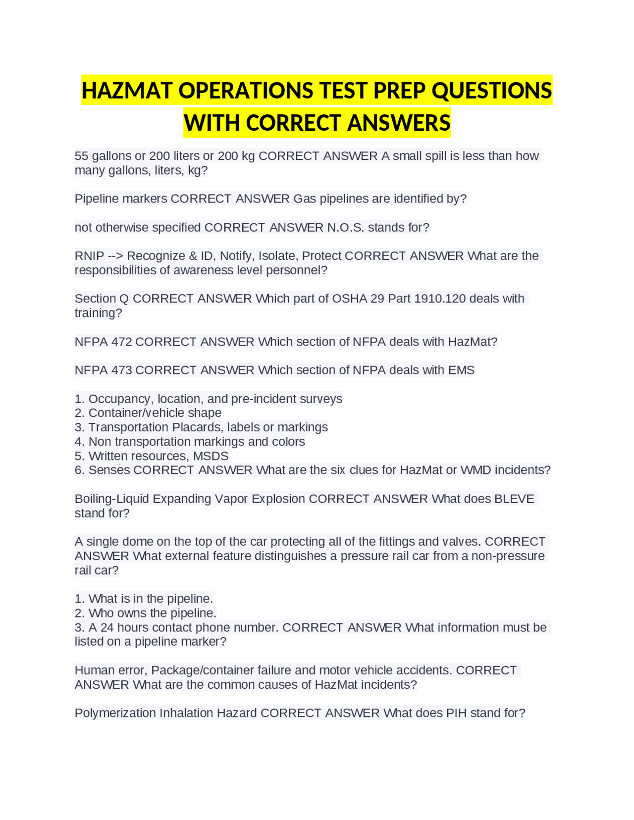 HAZMAT Operations Test Prep Questions with Correct Answers | Exams ...