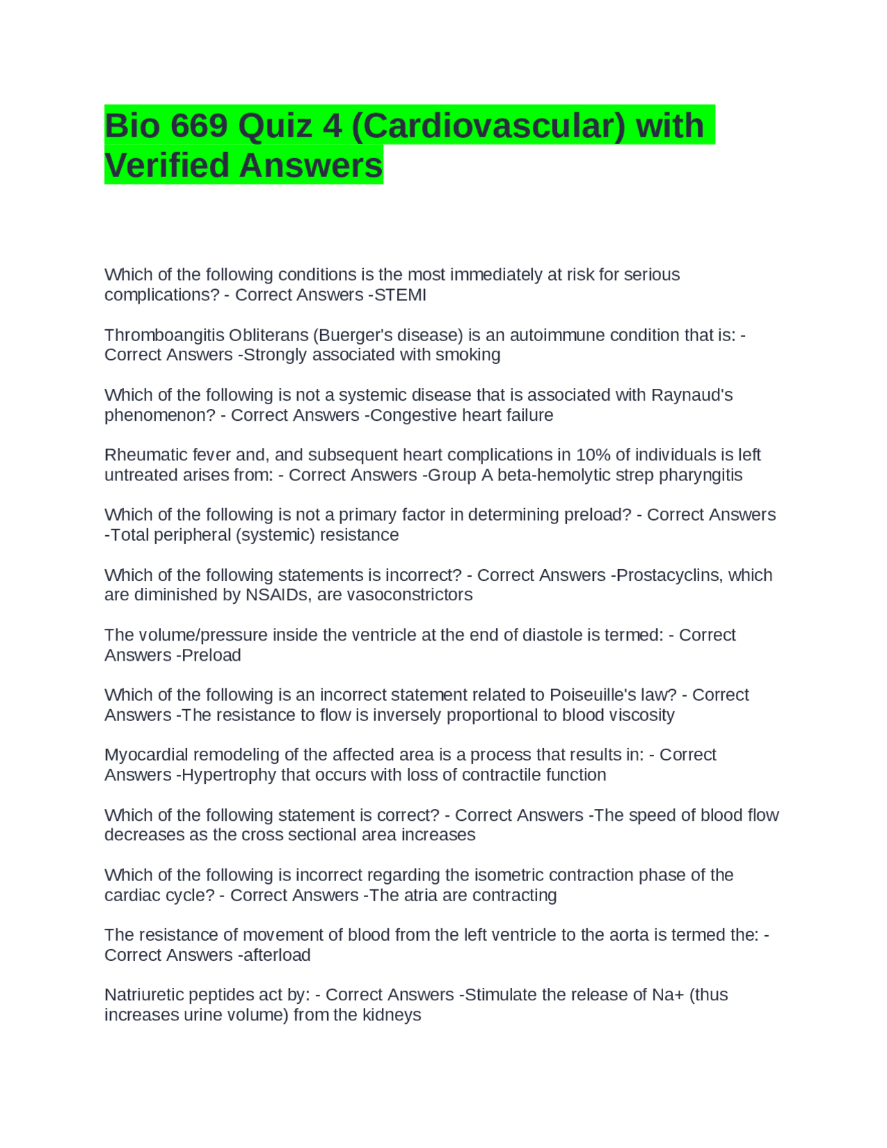 Cardiovascular System Quiz with Answers: Bio 669 Quiz 4 | Exams Biology ...