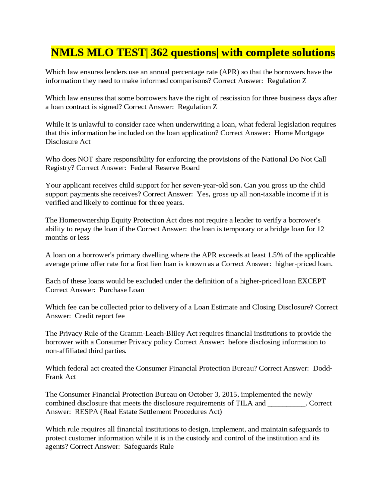 NMLS MLO TEST| 362 questions| with complete solutions | Exams Nursing ...