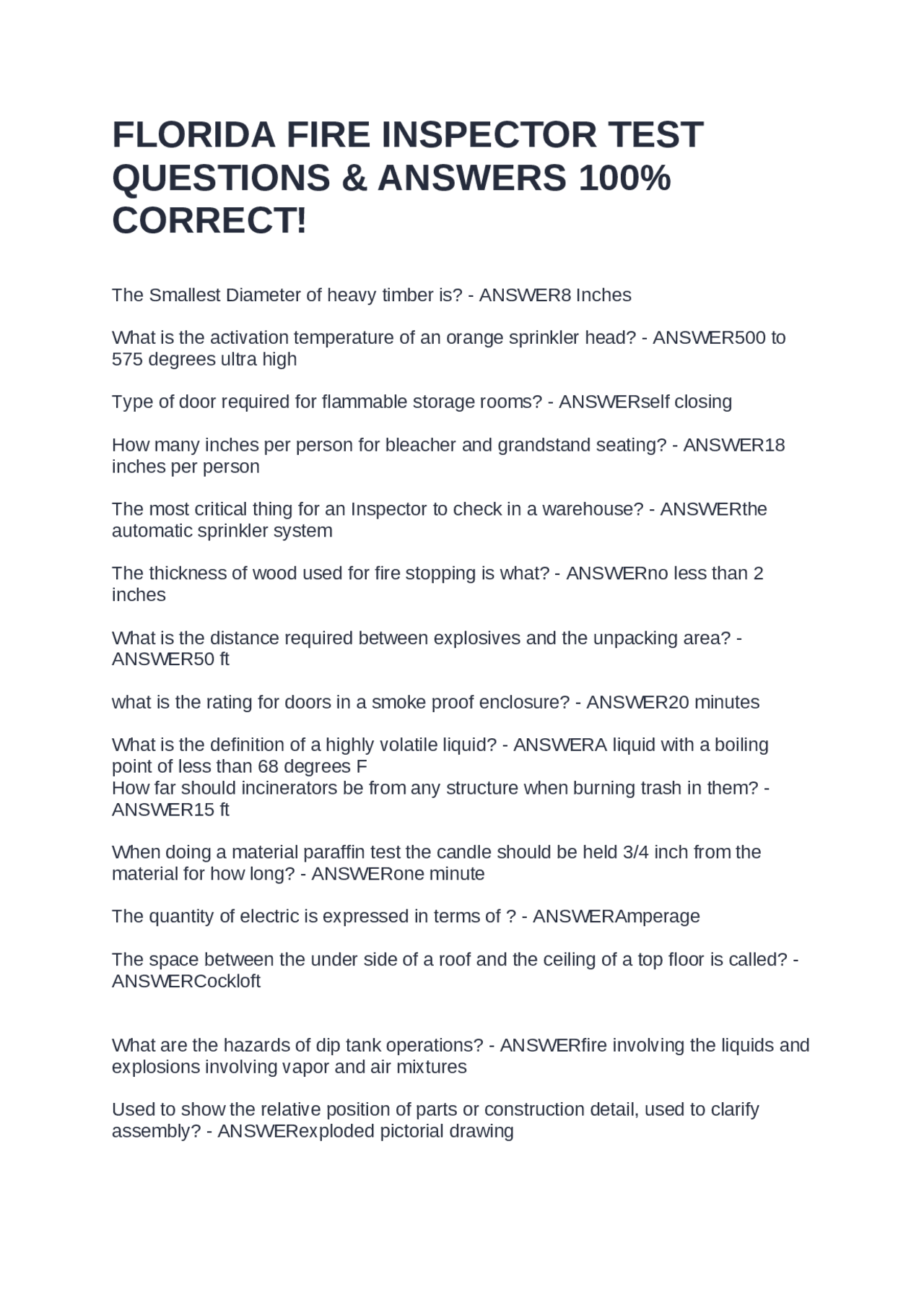 FLORIDA FIRE INSPECTOR TEST QUESTIONS & ANSWERS 100% CORRECT! | Exams ...