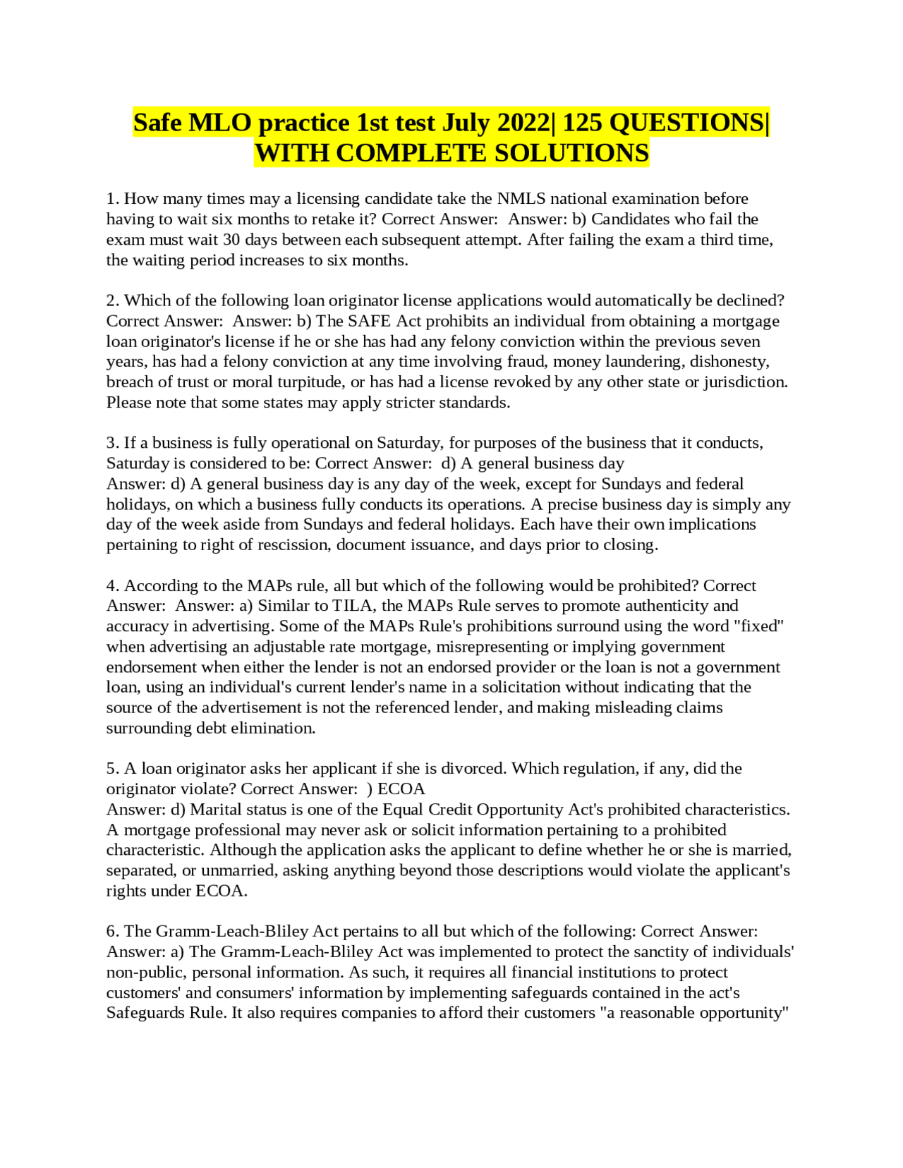 Safe MLO practice 1st test July 2022| 125 QUESTIONS| WITH COMPLETE ...