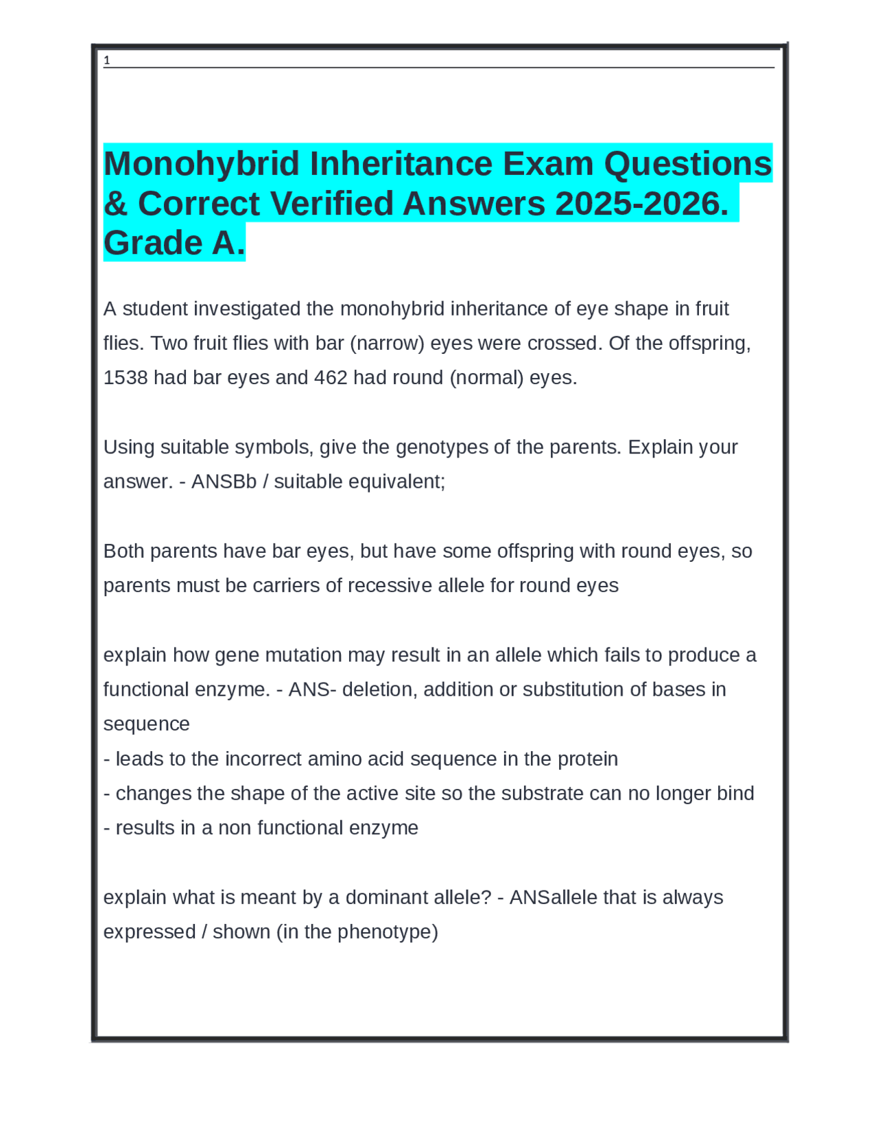 Monohybrid Inheritance: Genetics Practice for High School & University ...