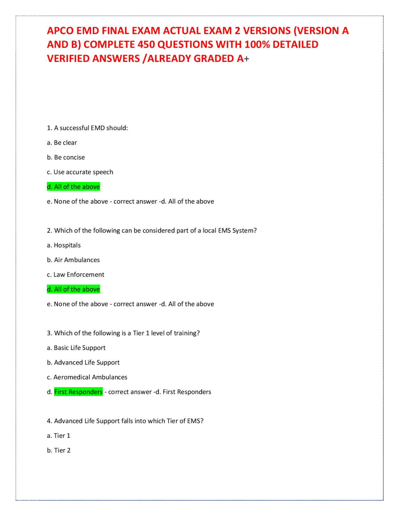 APCO EMD FINAL EXAM ACTUAL EXAM 2 VERSIONS (VERSION A AND B) COMPLETE 450 QUESTIONS WITH 1 ...