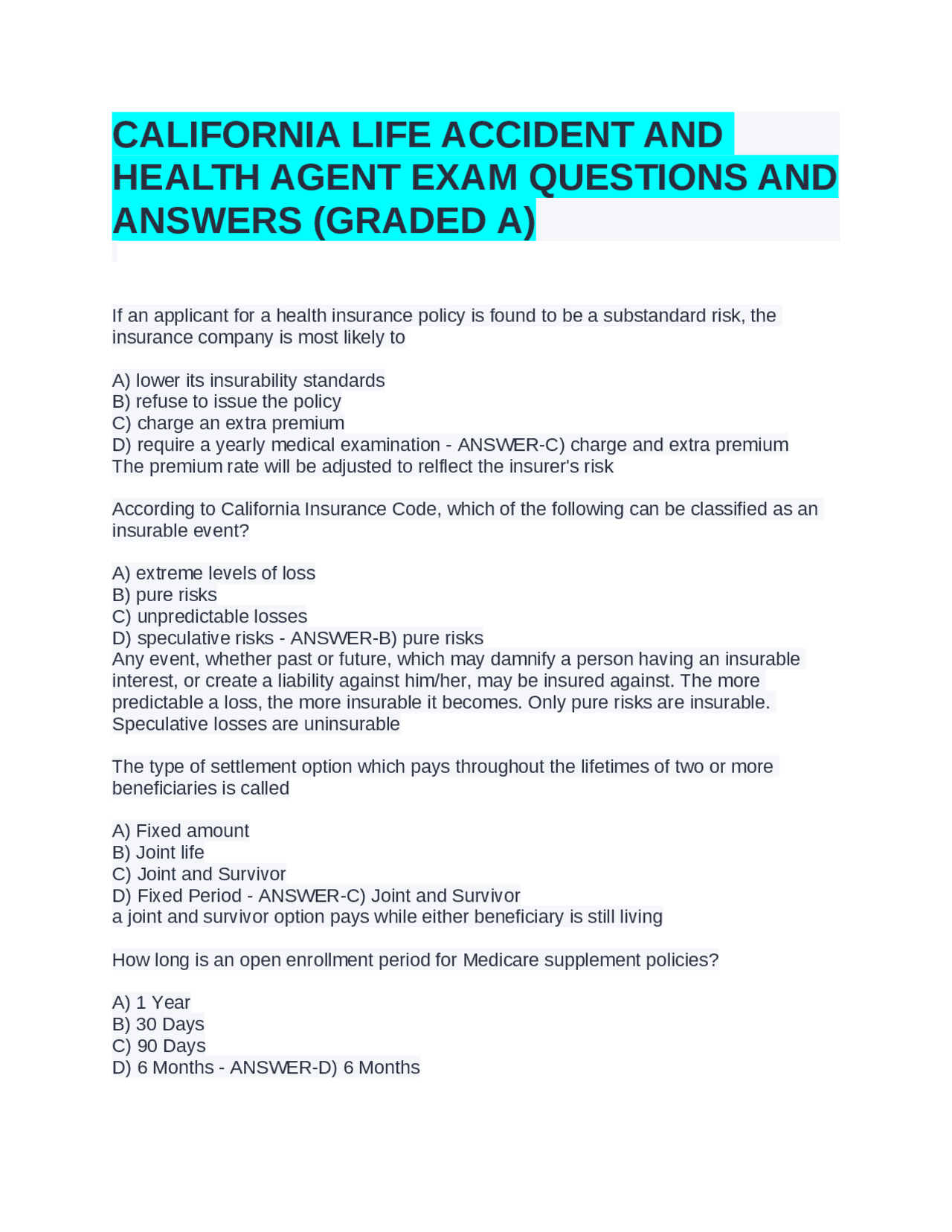 CALIFORNIA LIFE ACCIDENT AND HEALTH AGENT EXAM QUESTIONS AND ANSWERS ...
