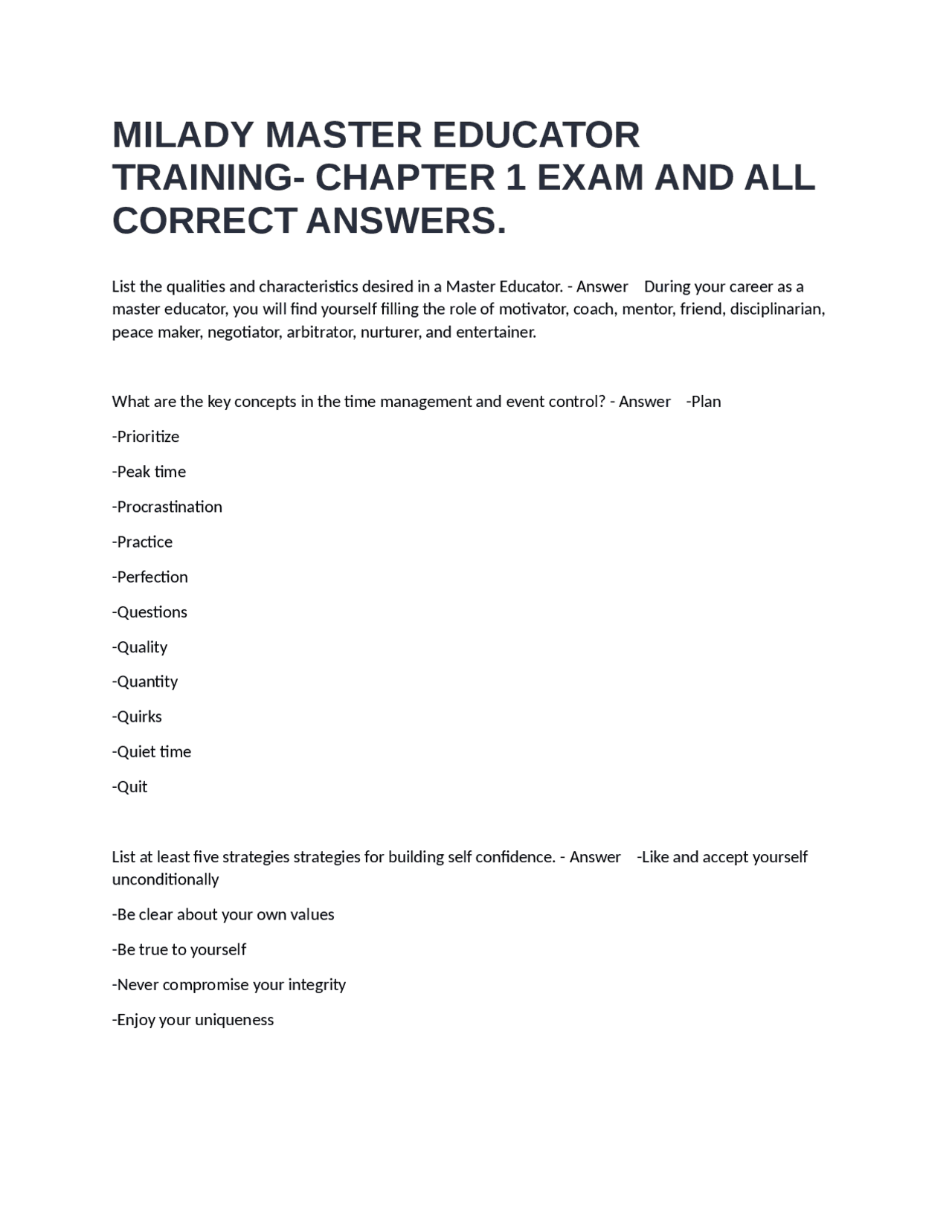 MILADY MASTER EDUCATOR TRAINING- CHAPTER 1 EXAM AND ALL CORRECT ANSWERS. | Exams Cosmetology ...