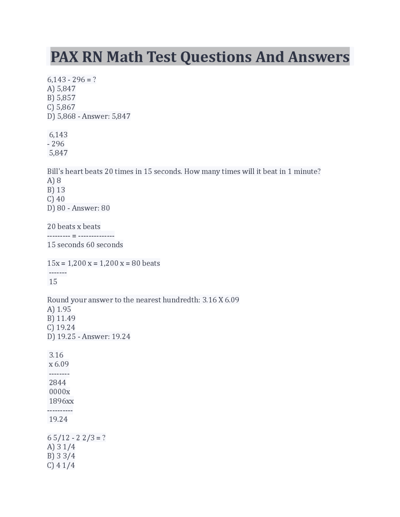 PAX RN Math Test Questions And Answers | Exams Mathematics | Docsity