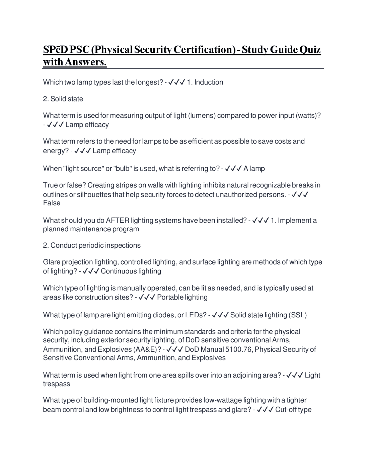 SPēD PSC (Physical Security Certification) - Study Guide Quiz with Answers. | Exams Computer ...