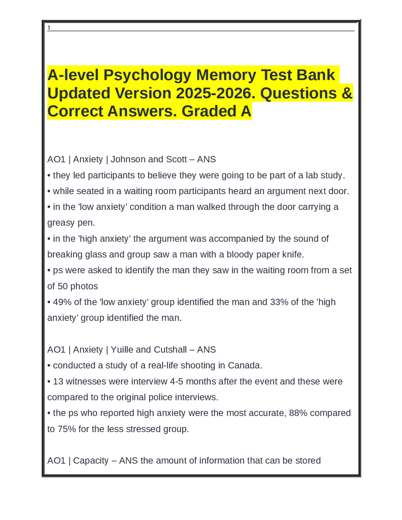 A-level Psychology Memory Test Bank Updated Version 2025-2026 ...