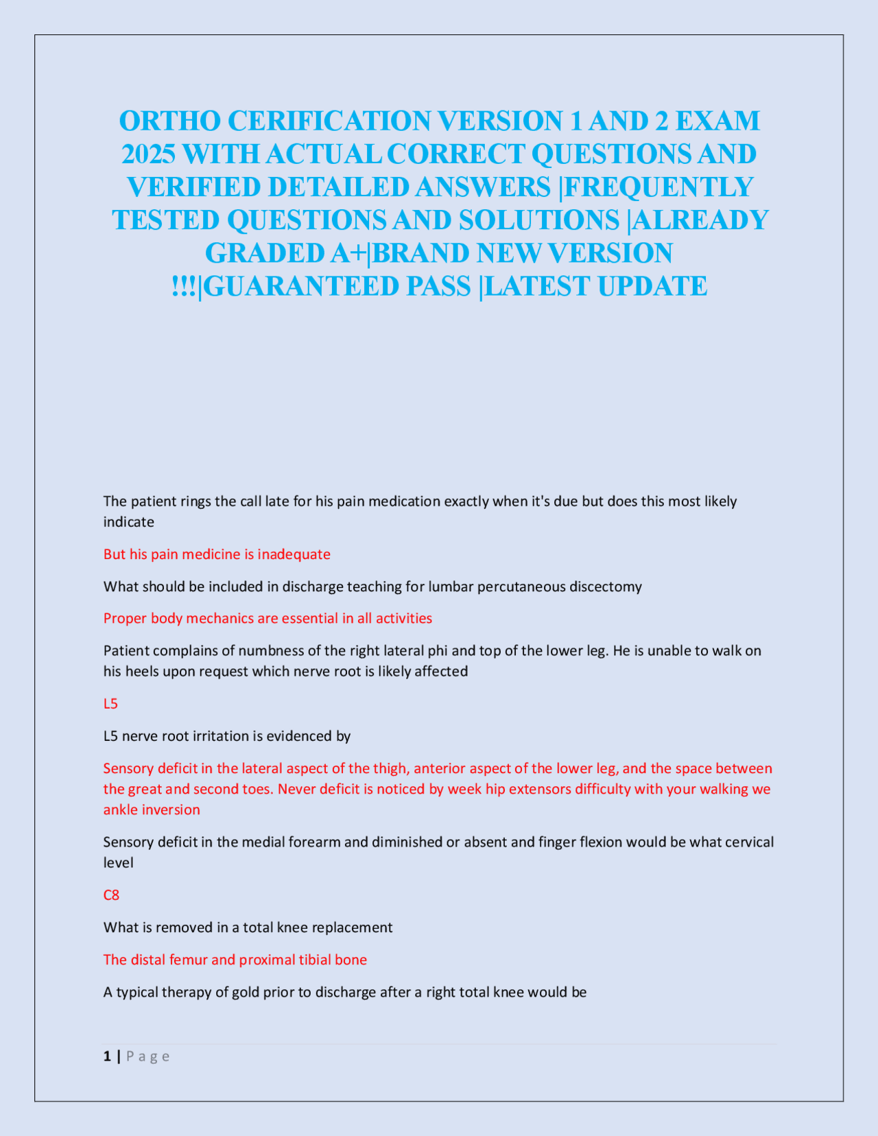 Orthopedic Certification Exam: Version 1 and 2 - Questions and Answers ...