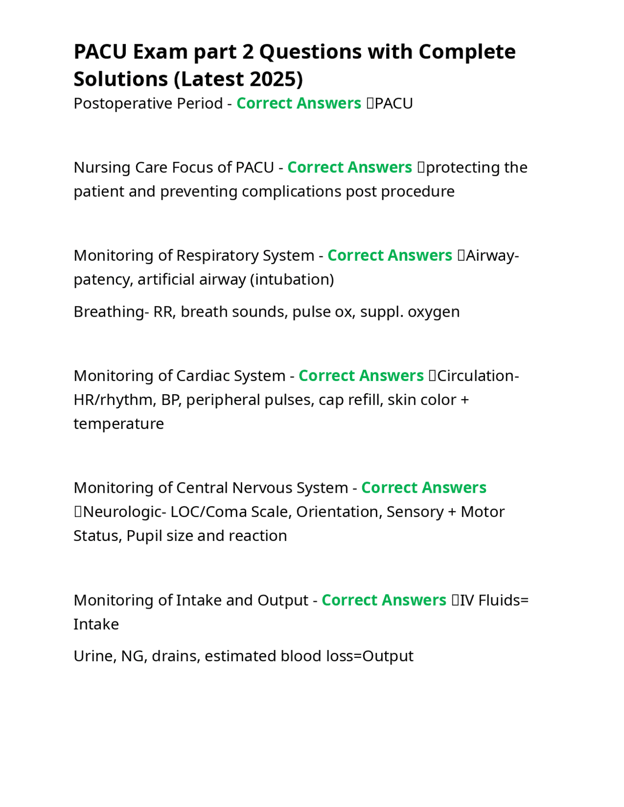 PACU Exam Part 2: Questions and Answers for Postoperative Nursing Care ...