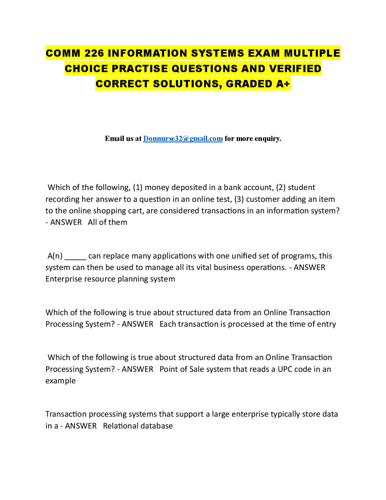 COMM 226 INFORMATION SYSTEMS EXAM MULTIPLE CHOICE PRACTISE QUESTIONS AND VERIFIED CORREC | Exams ...